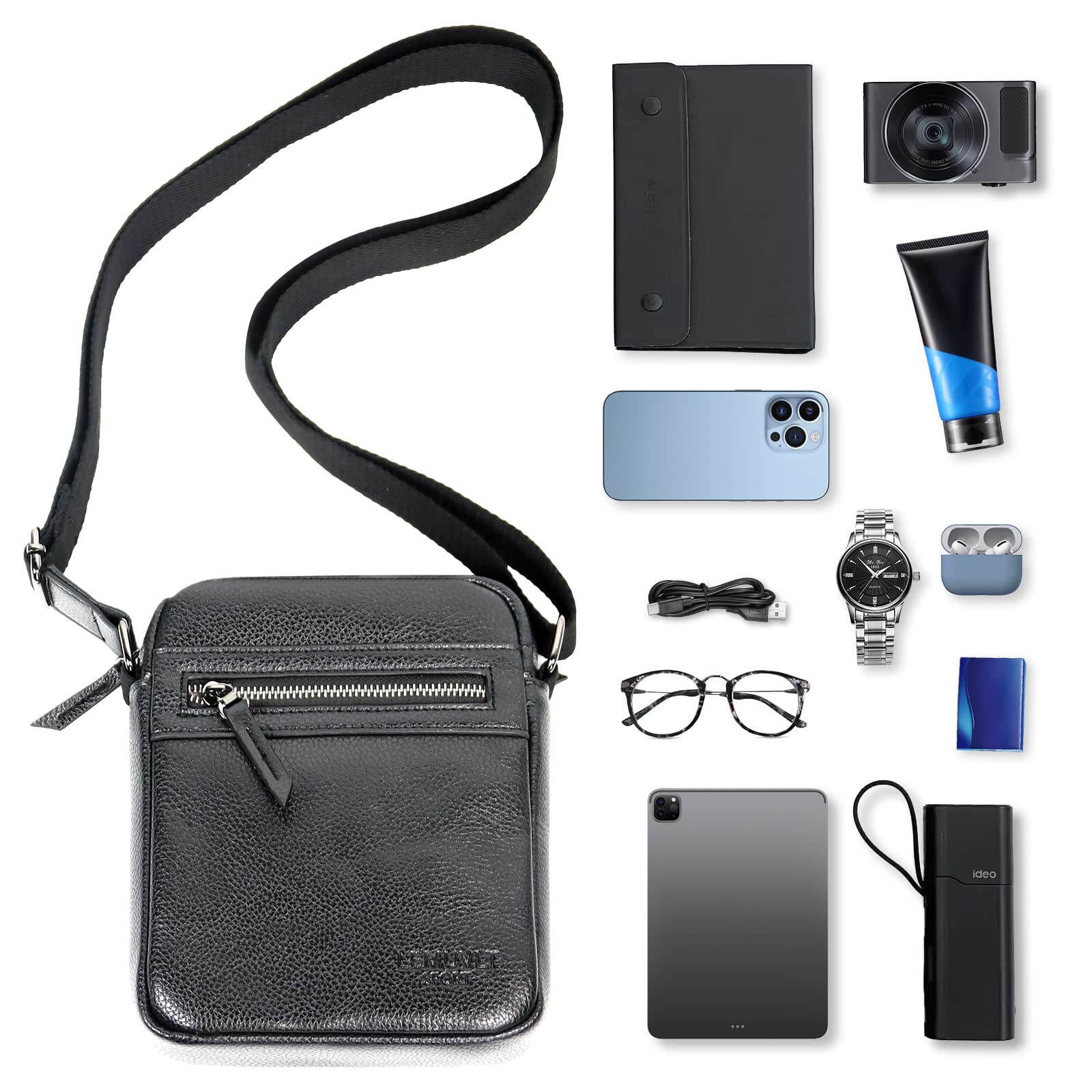 Lemuvlt Crossbody bag for men shoulder bag mens purse satchel leather messenger bag gift man M(Black)…
