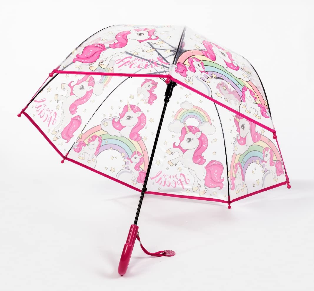Wxjiahetai Kids Clear Bubble Umbrella Transparent Dome See Through Child Umbrellas for Rain Boys Girls with Pinch-Proof Closure and Easy-Grip Hook Handle(Clear Red Unicorn)