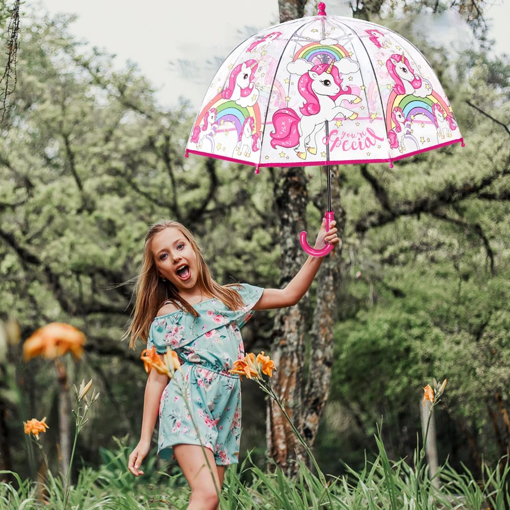 Wxjiahetai Kids Clear Bubble Umbrella Transparent Dome See Through Child Umbrellas for Rain Boys Girls with Pinch-Proof Closure and Easy-Grip Hook Handle(Clear Red Unicorn)