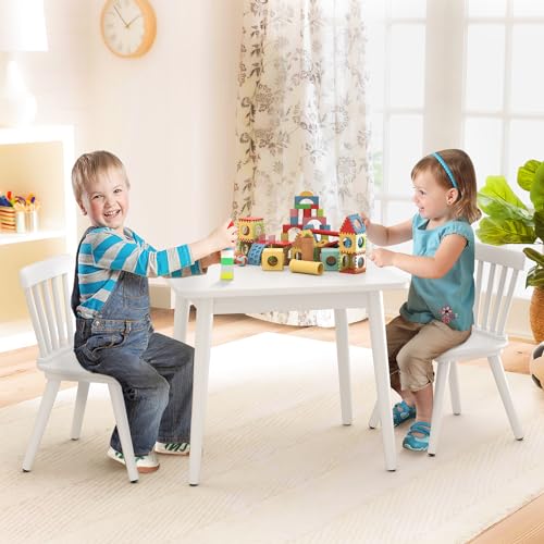 Curipeer Windsor Kids Table and 2 Chair Set, Rubberwood Toddler Table and Chair Set for Art, Play, Craft, Activity, Children Table with Non-Slip Legs/Round Edge Design, White