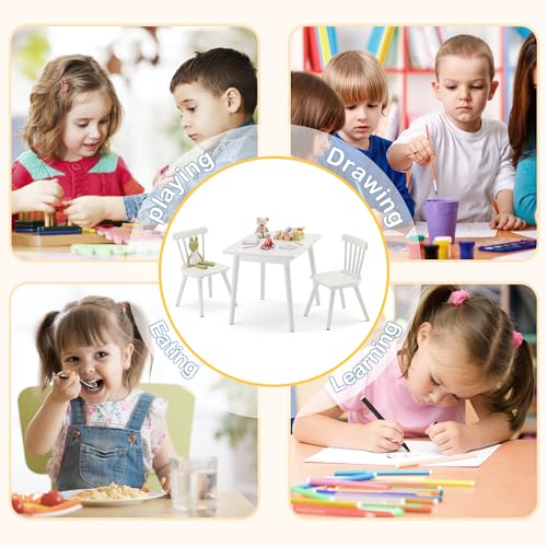 Curipeer Windsor Kids Table and 2 Chair Set, Rubberwood Toddler Table and Chair Set for Art, Play, Craft, Activity, Children Table with Non-Slip Legs/Round Edge Design, White
