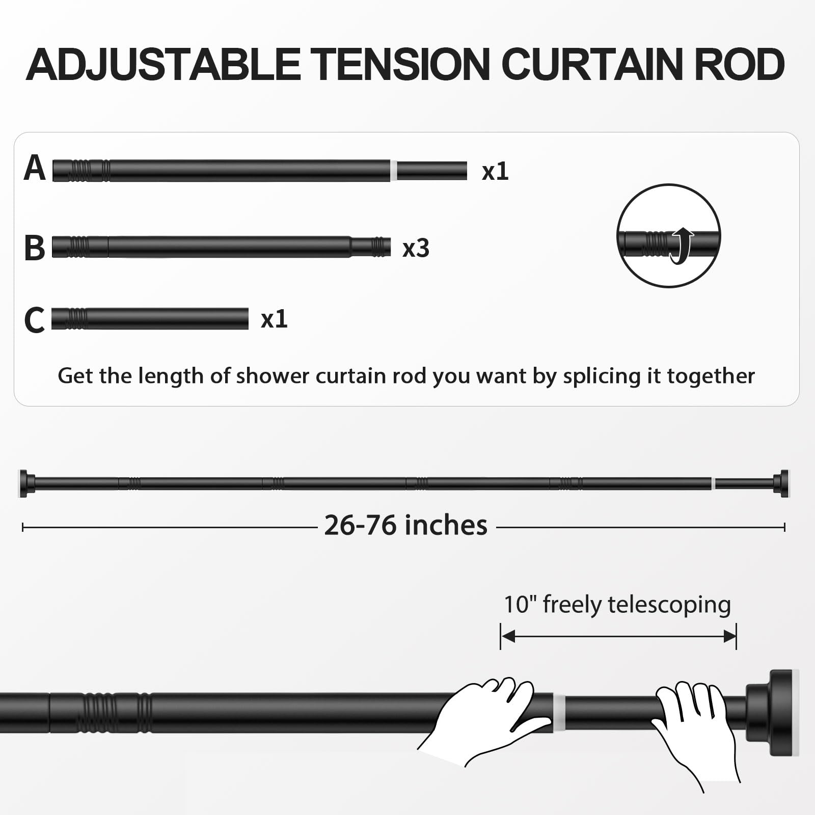 Ausemku Shower Curtain Rod Tension - 40-72 Inch Never Rust Non-Slip Spring Tension Curtain Rod No Drilling Stainless Steel Curtain Rod Use Bathroom Kitchen(Black)