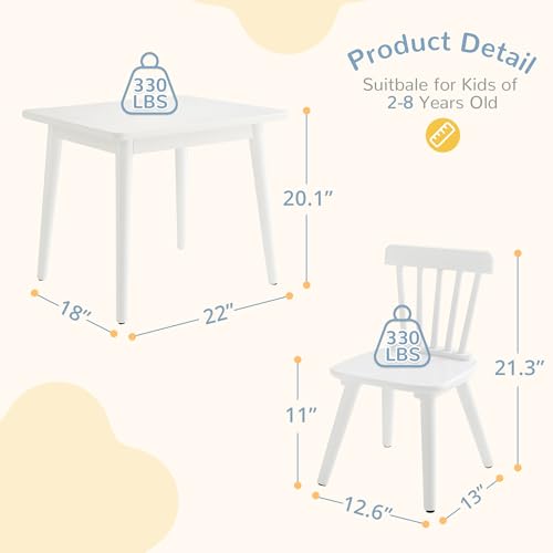 Curipeer Windsor Kids Table and 2 Chair Set, Rubberwood Toddler Table and Chair Set for Art, Play, Craft, Activity, Children Table with Non-Slip Legs/Round Edge Design, White