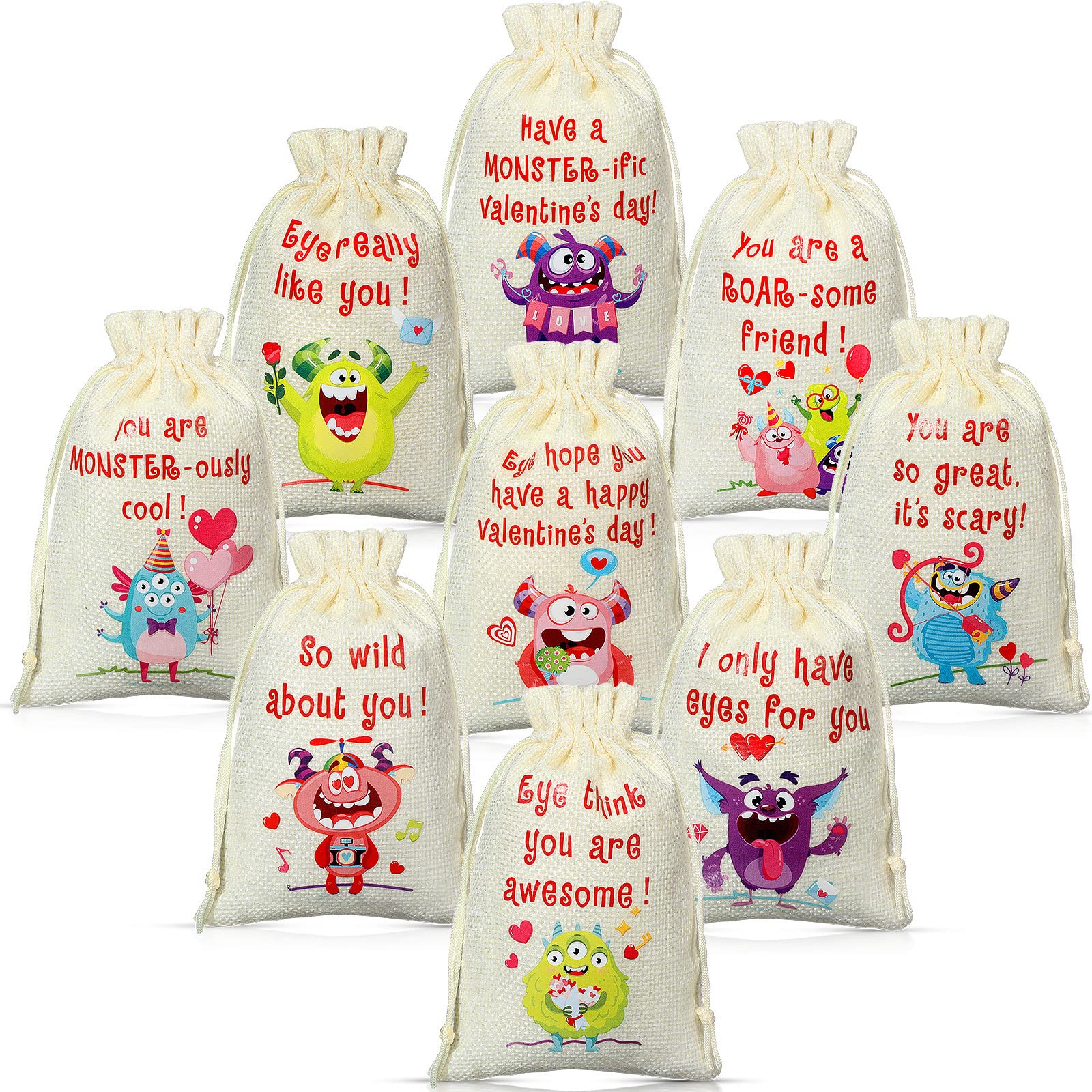 45 Pcs Valentine's Day Burlap Bags Burlap Canvas Gift Bags with Monster Pattern Valentine Linen Reusable Drawstring Bags Candy Treat for Boys Girls Valentine's Day Favors Party Gifts Supply 6 x 4 Inch