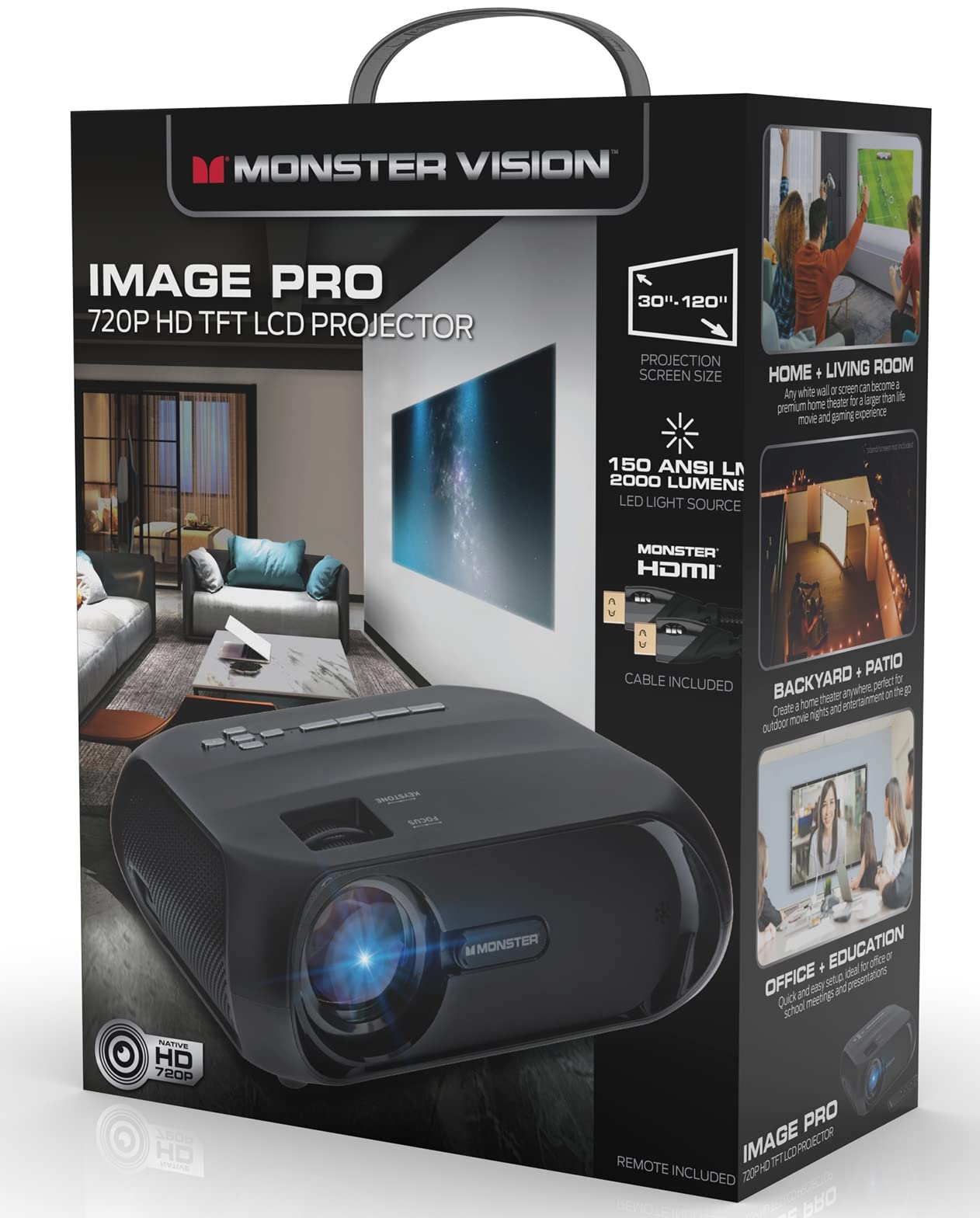 Monster Image Pro Extra-Bright LCD Projector, 2000 Lumens, Projects Up to 16ft, Max Resolution: 1080 HD, Universal Image/Audio/Video Support, AV/USB/HDMI/SD Input