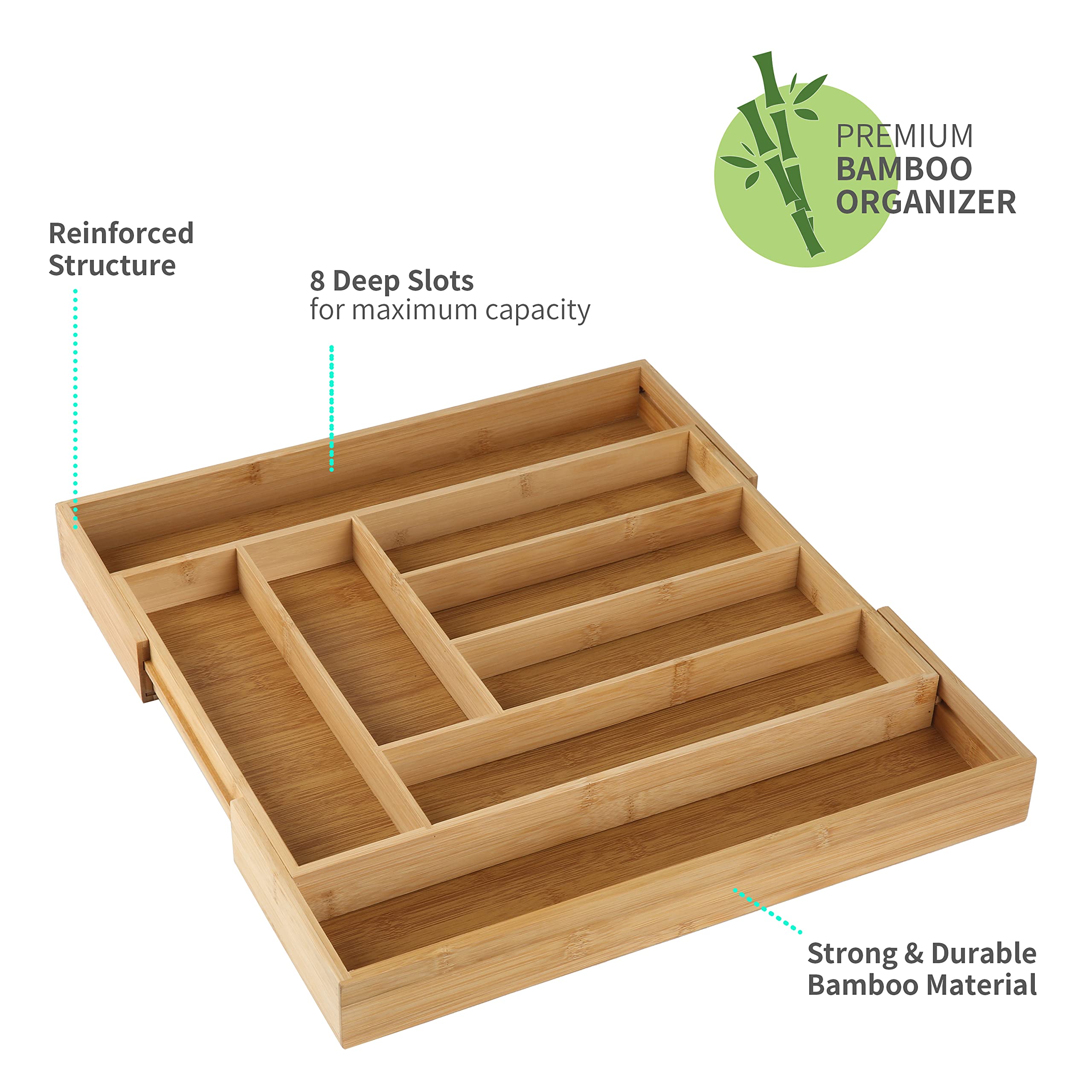Lorena Bamboo Expandable Drawer Organizer for Kitchen Drawers, Kitchen Utensil Organizer, Flatware & Cutlery Organizer