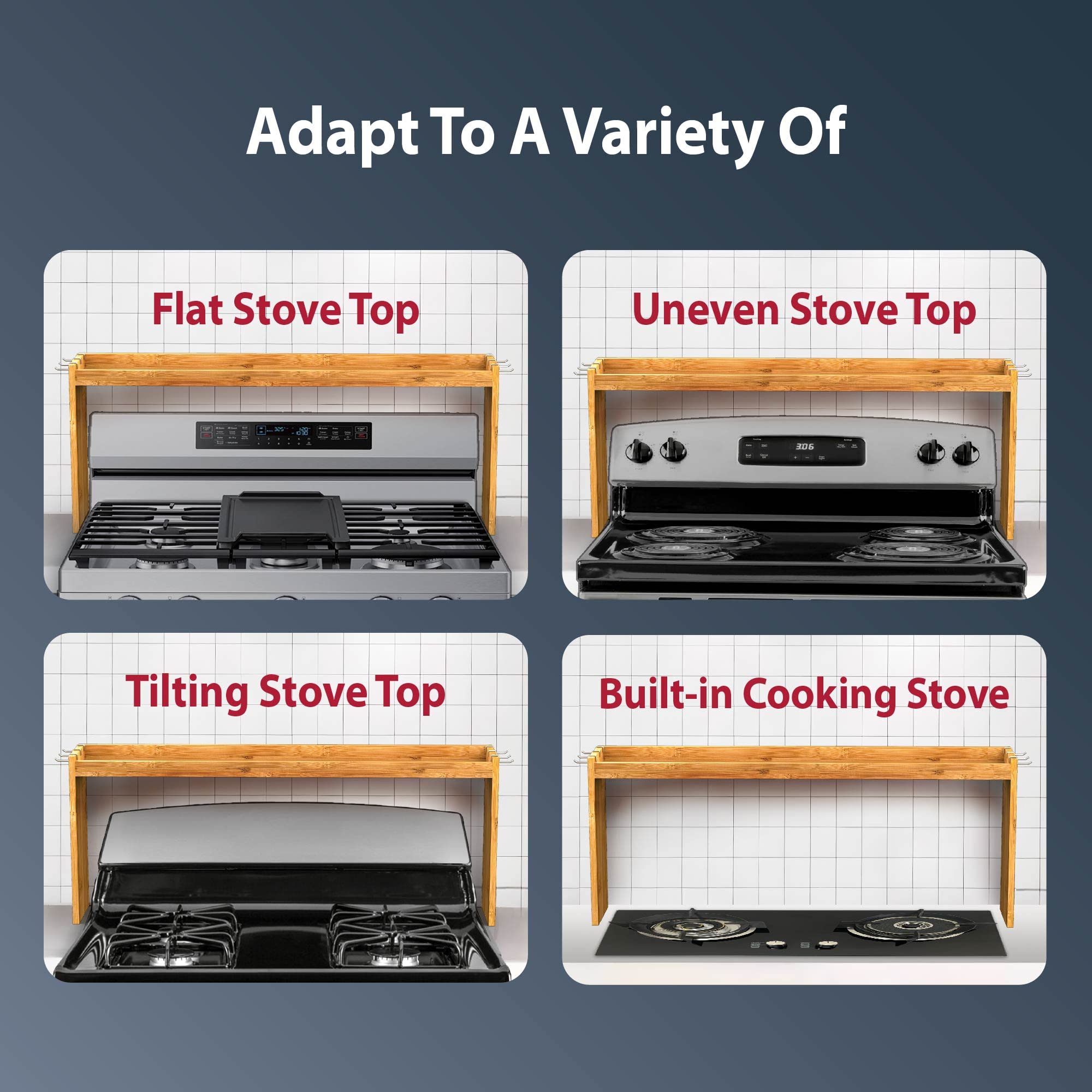 IIIOIIIA Bamboo Over The Stove Spice Shelf for Kitchen Storage, 31.5" Kitchen Spice Rack Organizer Stove Top Shelf with 6 Hooks, 11.4" Height Extra Storage Countertop, Easy to Assemble
