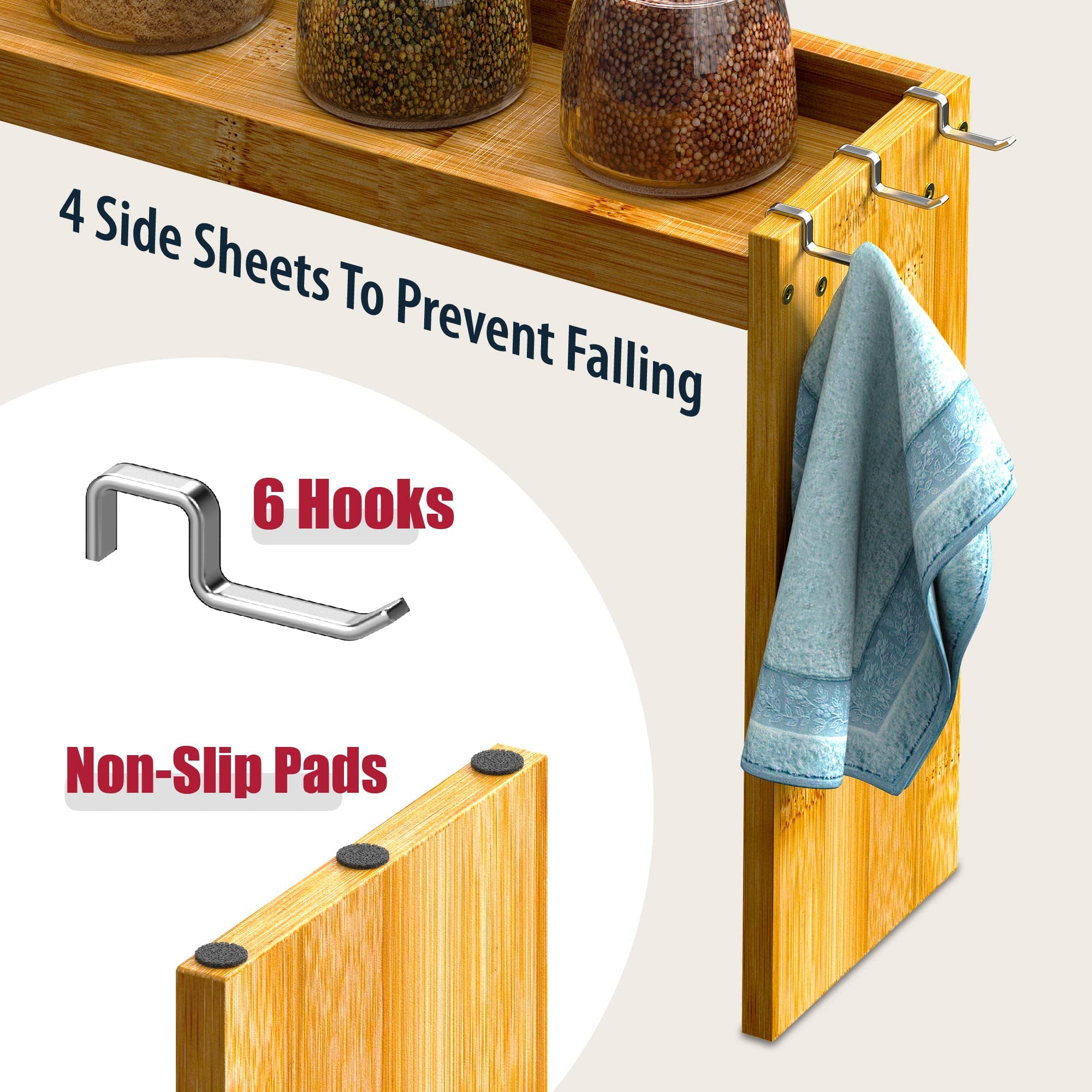 IIIOIIIA Bamboo Over The Stove Spice Shelf for Kitchen Storage, 31.5" Kitchen Spice Rack Organizer Stove Top Shelf with 6 Hooks, 11.4" Height Extra Storage Countertop, Easy to Assemble
