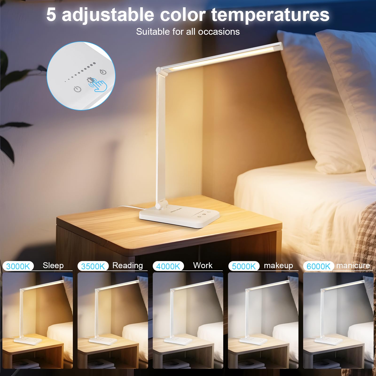 White crown LED Desk Lamp Dimmable Table Lamp Reading Lamp with USB Charging Port 5 Lighting Modes, Sensitive Control, 30/60 min Auto-Off Timer, Eye-Caring Office Lamp (Silver)