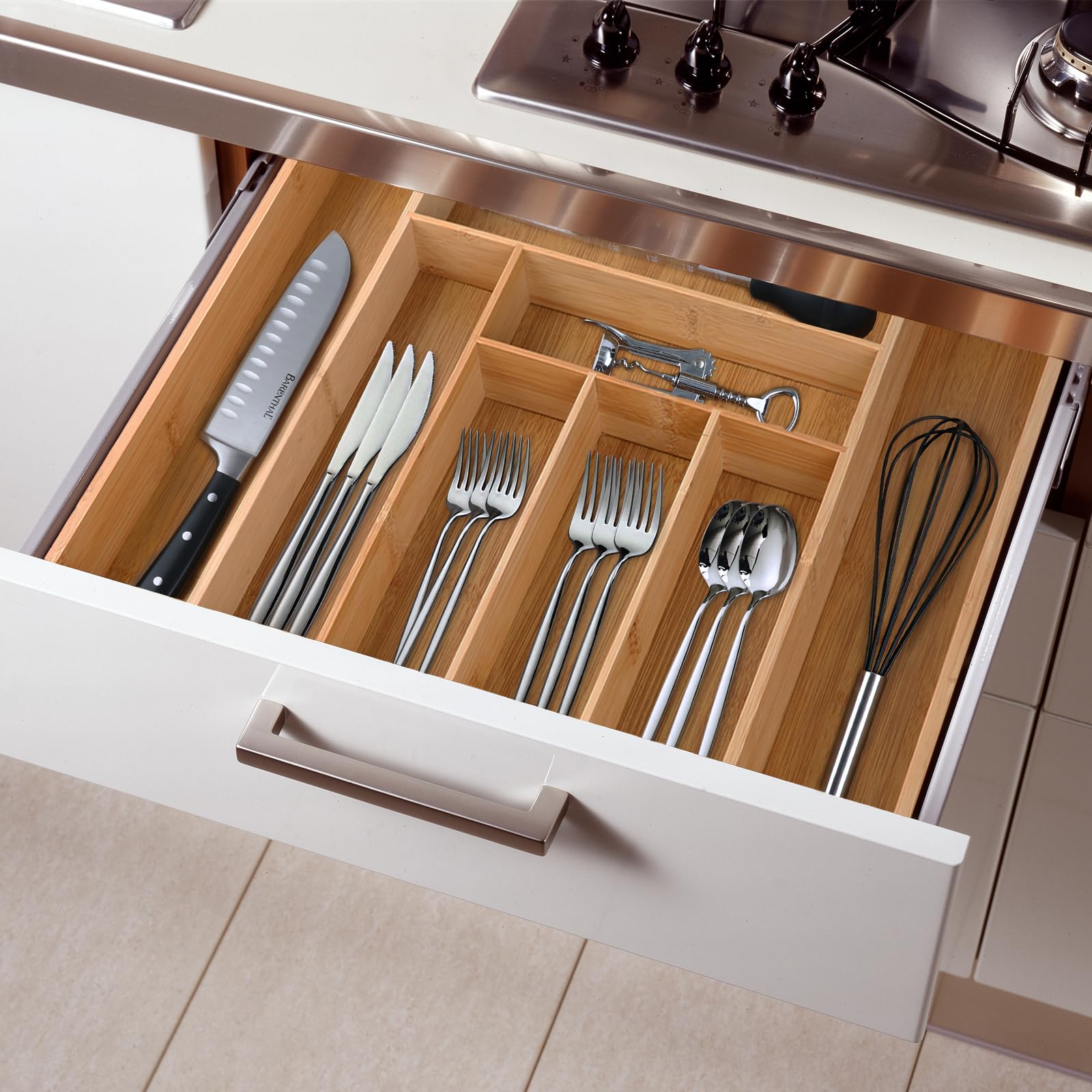Lorena Bamboo Expandable Drawer Organizer for Kitchen Drawers, Kitchen Utensil Organizer, Flatware & Cutlery Organizer