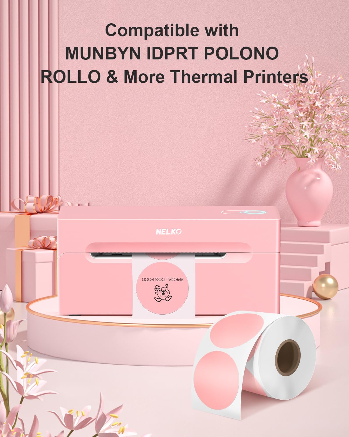 NELKO 2 Inch Pink Circle Thermal Stickers Labels, Self-Adhesive Round Thermal Stickers for Small Businesses, DIY Logo Design, Customized Thank You Stickers, QR Code 750 Labels/Roll