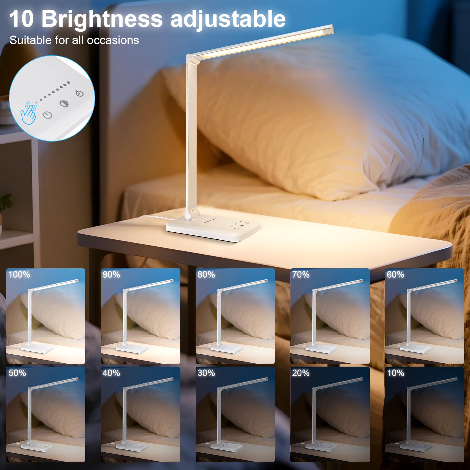 White crown LED Desk Lamp Dimmable Table Lamp Reading Lamp with USB Charging Port 5 Lighting Modes, Sensitive Control, 30/60 min Auto-Off Timer, Eye-Caring Office Lamp (Silver)