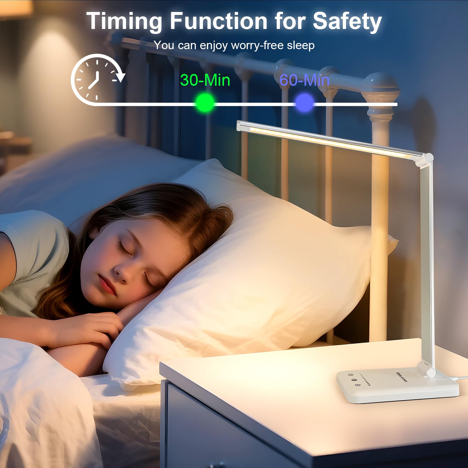 White crown LED Desk Lamp Dimmable Table Lamp Reading Lamp with USB Charging Port 5 Lighting Modes, Sensitive Control, 30/60 min Auto-Off Timer, Eye-Caring Office Lamp (Silver)