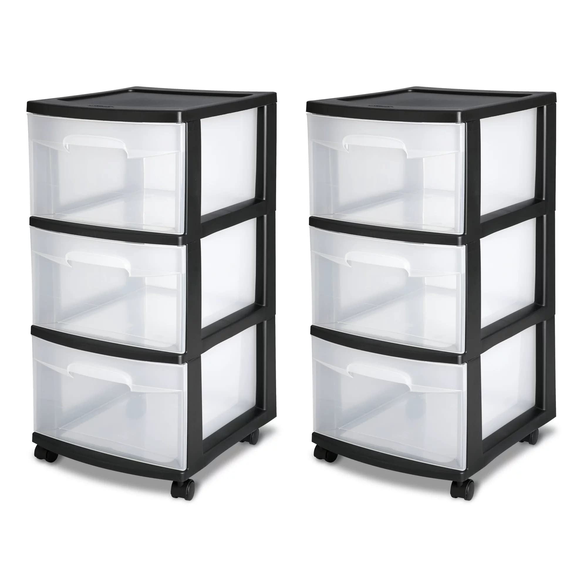 Generic Plastic Storage Drawer Cart, Medium Home Organization Storage Container with 3 Large Drawers w/Removeable Wheels, Black Frame with Clear Drawers and Black Casters, Set of 2 (Black)
