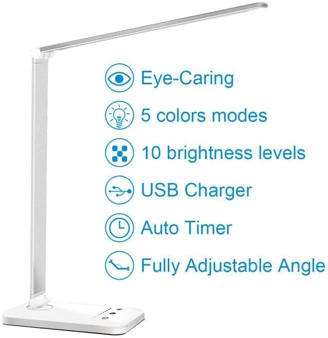 White crown LED Desk Lamp Dimmable Table Lamp Reading Lamp with USB Charging Port 5 Lighting Modes, Sensitive Control, 30/60 min Auto-Off Timer, Eye-Caring Office Lamp (Silver)