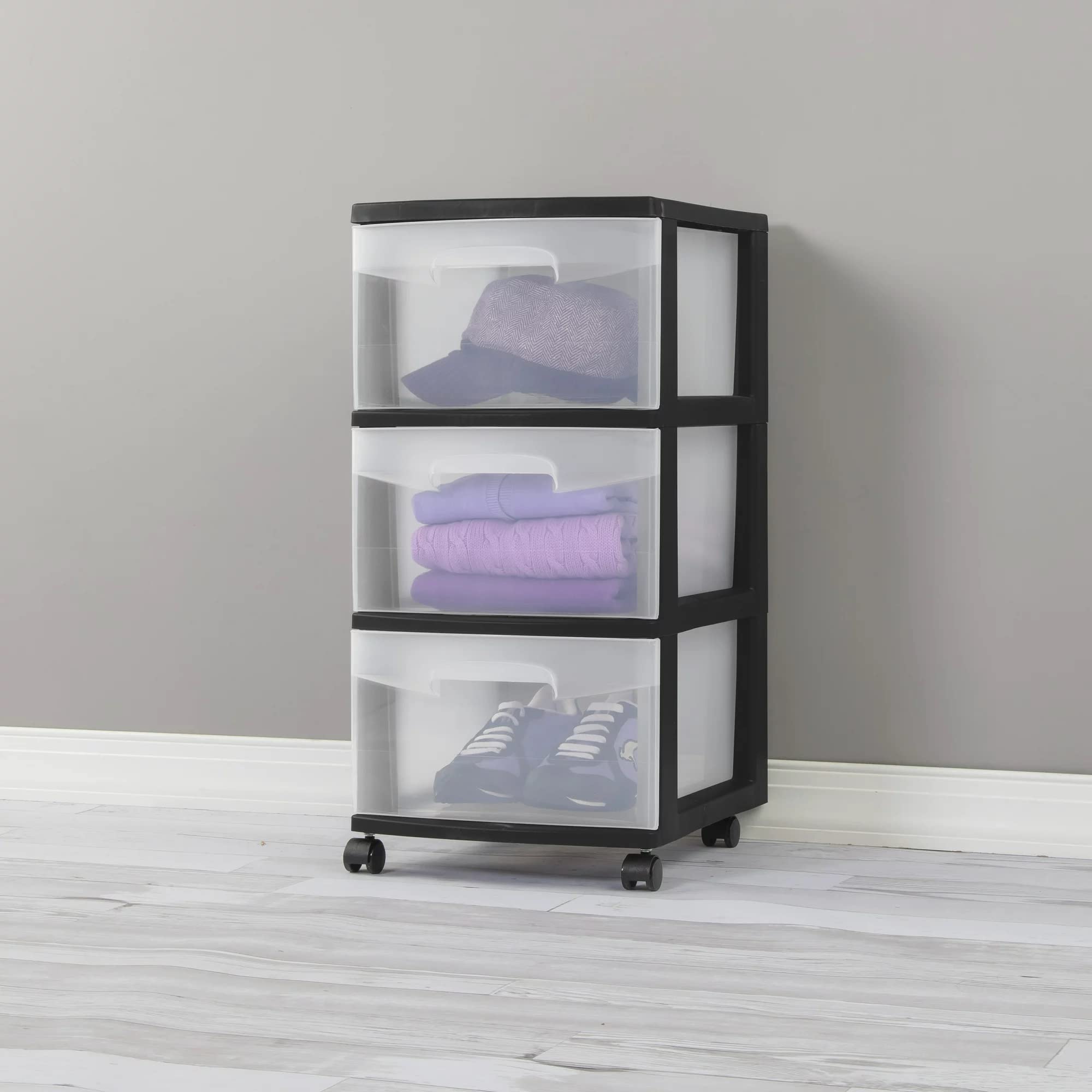 Generic Plastic Storage Drawer Cart, Medium Home Organization Storage Container with 3 Large Drawers w/Removeable Wheels, Black Frame with Clear Drawers and Black Casters, Set of 2 (Black)