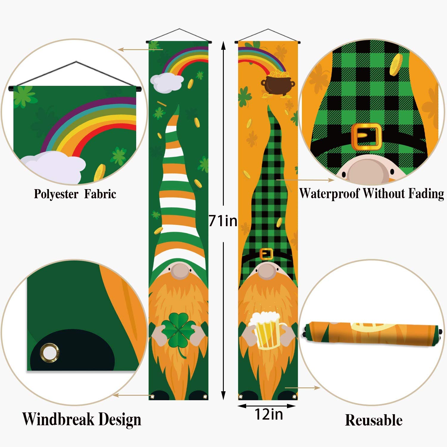 Rainlemon St. Patrick's Day Gnome Porch Banner, Green Buffalo Check Plaid, Shamrocks Front Door Sign Decoration