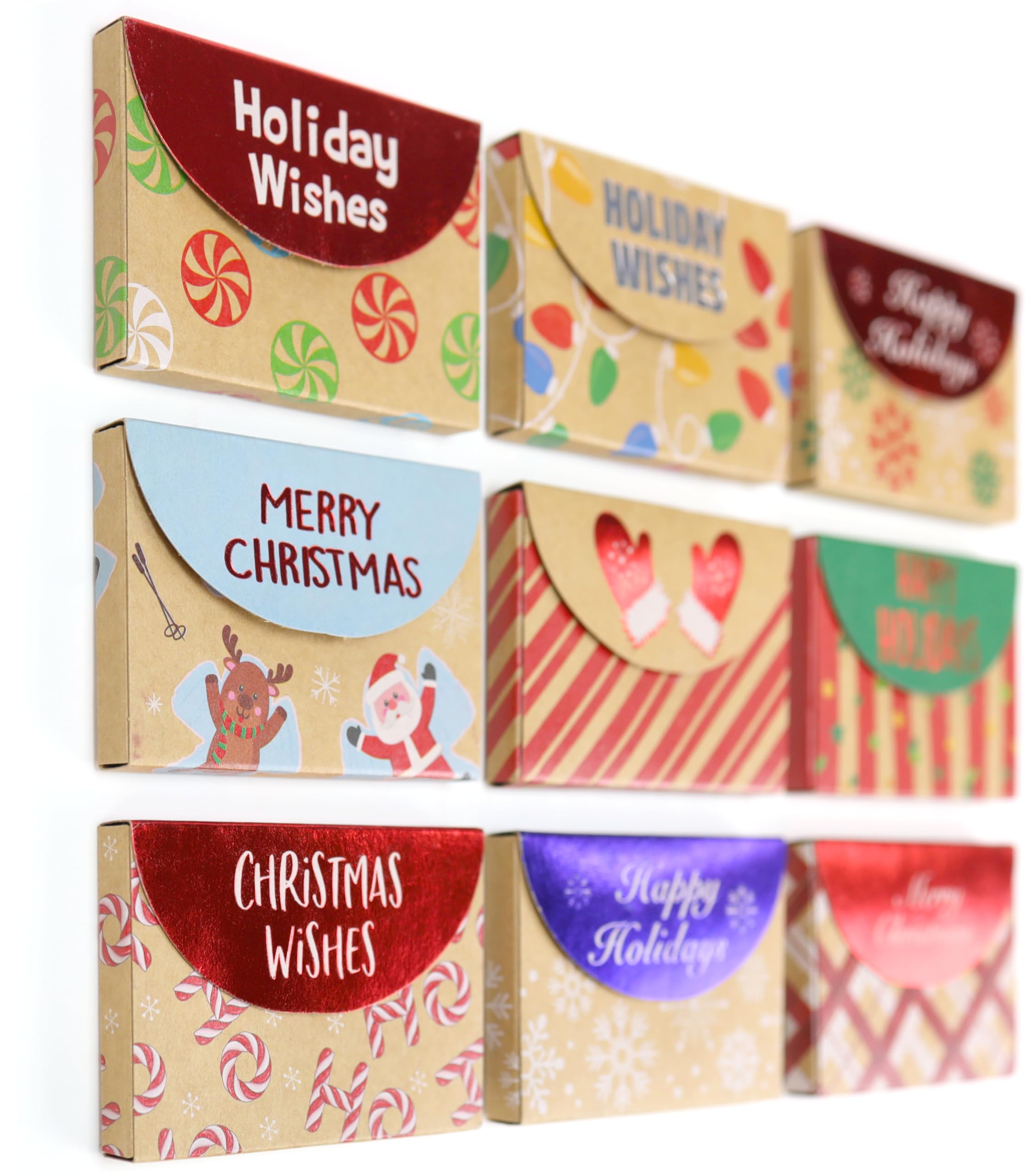 Iconikal Christmas Holiday Foil Embossed Kraft Gift Card Holder Boxes, Set of 9