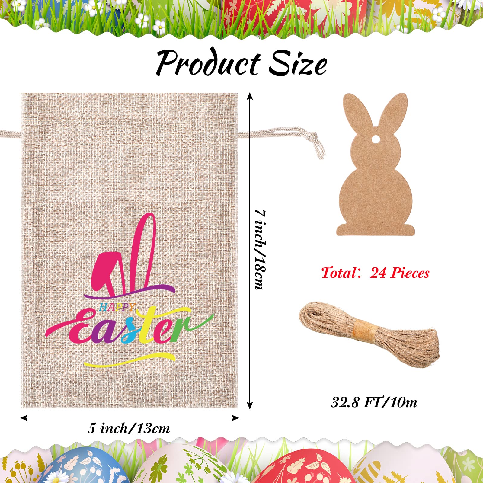 24 Pcs Easter Burlap Drawstring Bags Easter Burlap Bags with Drawstrings Bunny Linen Goody Gift Bags with Double Jute Drawstrings Easter Bags Burlap Easter Bunny Bags for Easter Party (Bright Style)