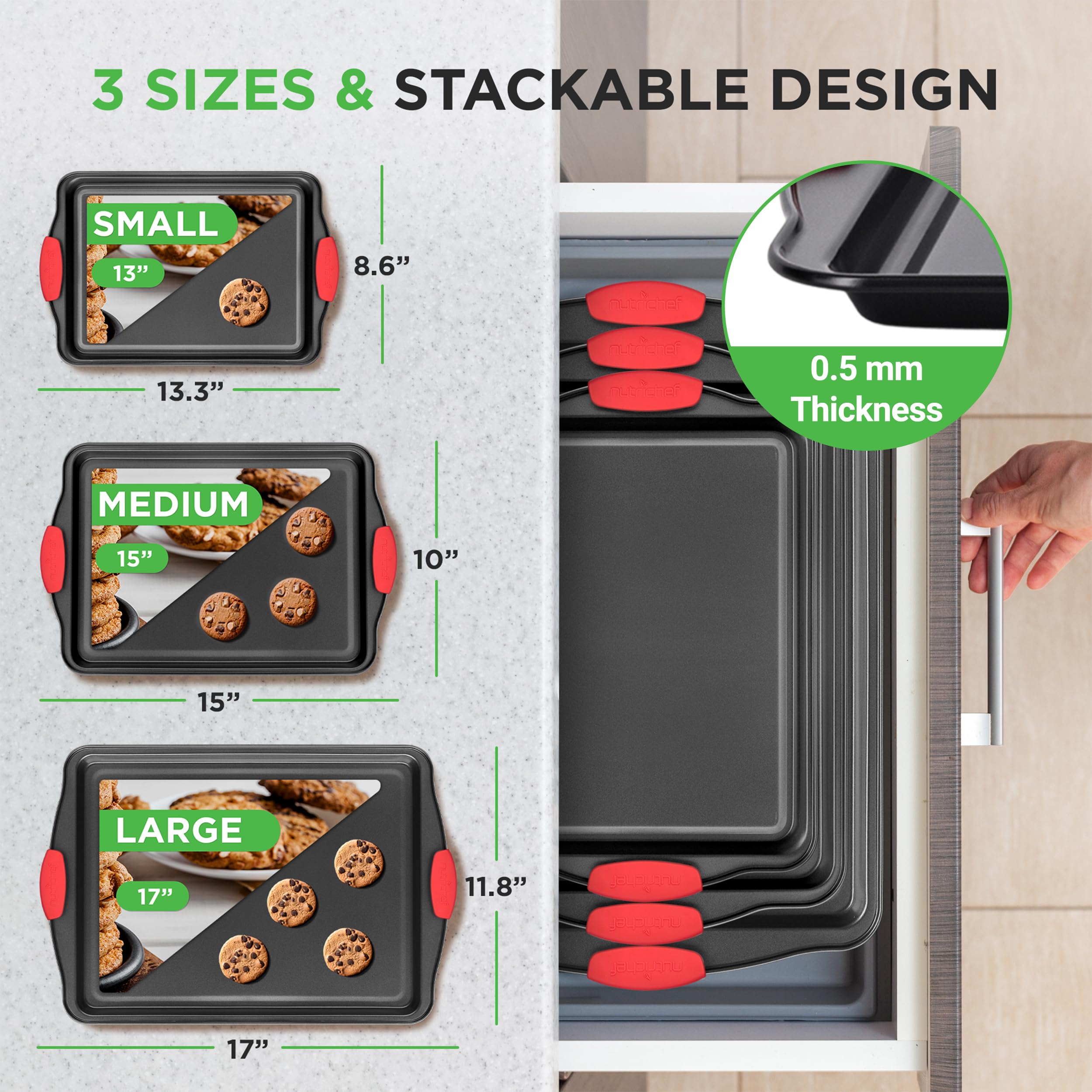 NutriChef Non-Stick Kitchen Oven Baking Pans-Deluxe & Stylish Nonstick Gray Coating Inside & Outside, Commercial Grade Restaurant Quality Metal Bakeware with Red Silicone Handles NCSBS3S, 3 Piece Set