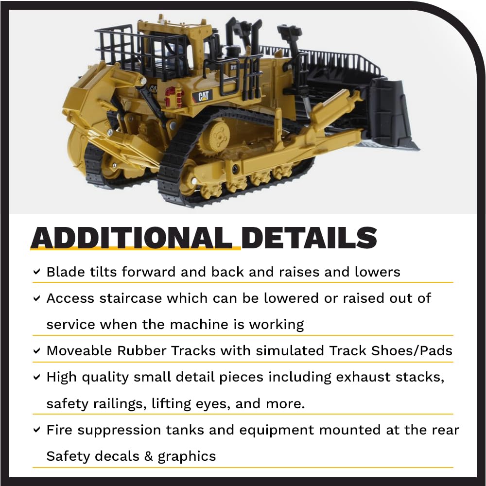 1:64 Scale Caterpillar D11 Dozer with 2 Blades and Rear Rippers - Construction Metal Series by Diecast Masters - Comes with JEL Blade Attachment - Made of Diecast Metal with Plastic Parts