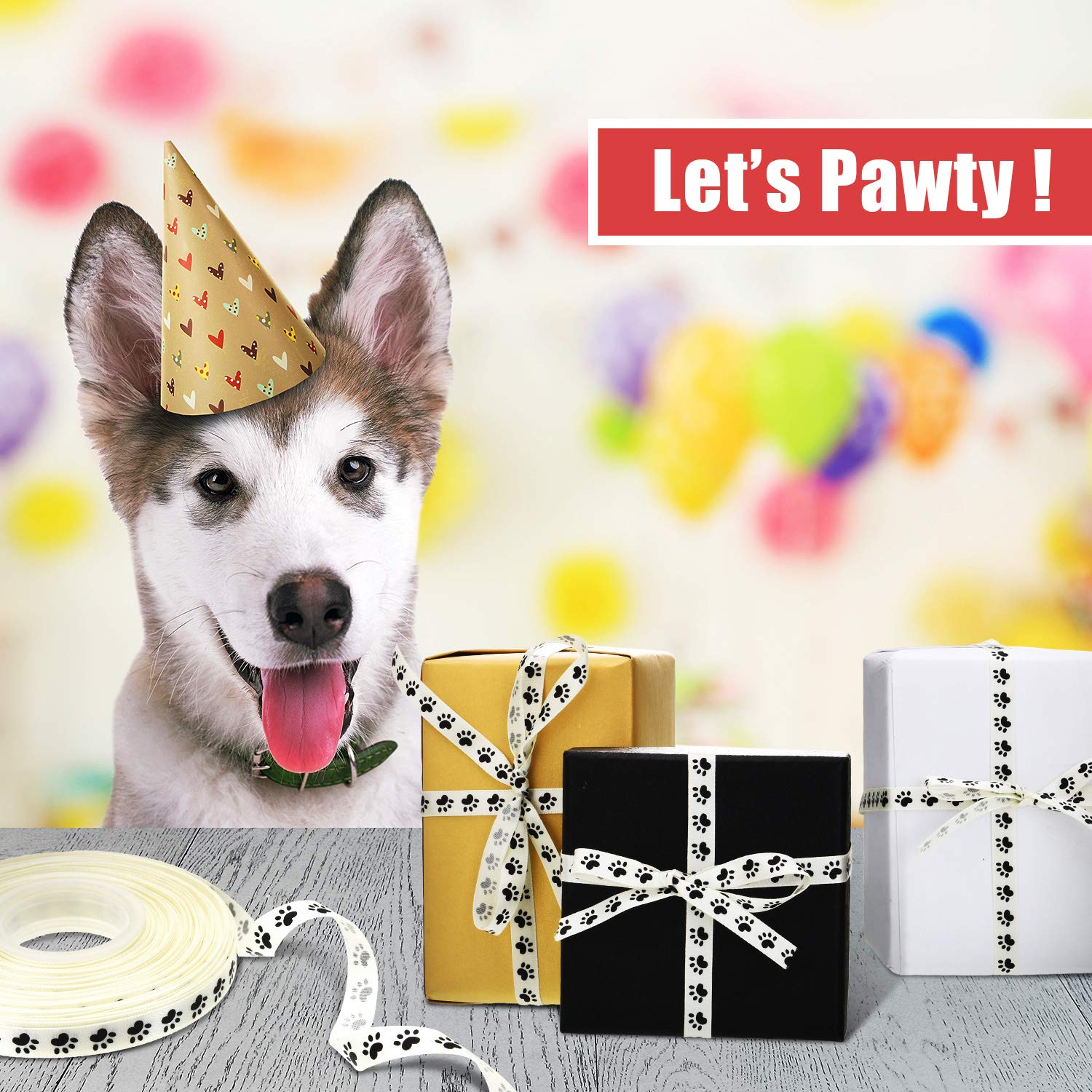 2 Rolls Paw Print Ribbon Paw Party Stain Ribbon Rolls for Dog Paw Print Party Ornaments Gift Wrap Decor, 3/8 Inch by 50 Yard