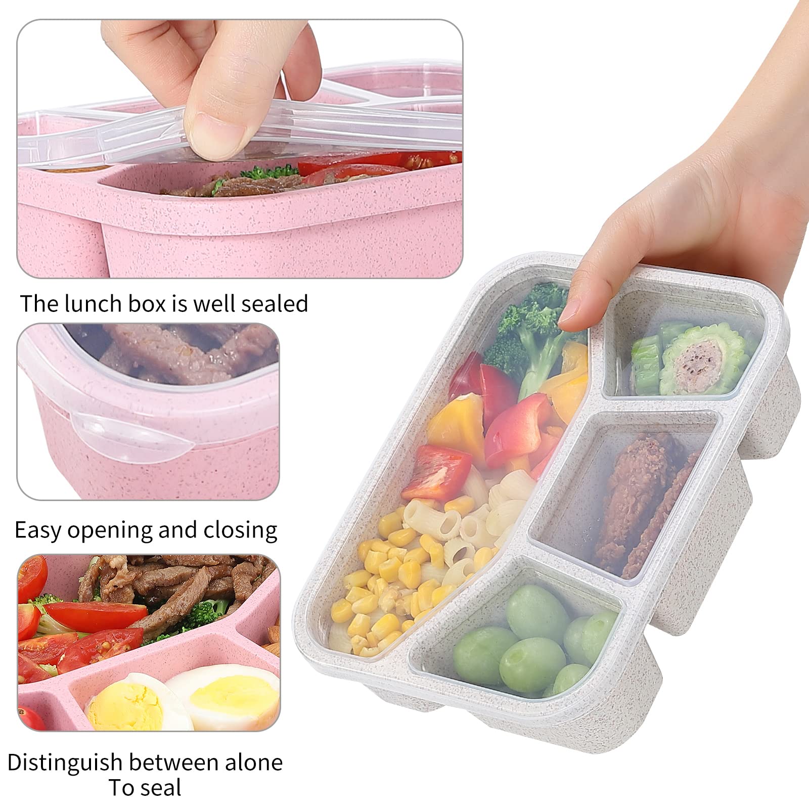 buluker 4 Pack Bento Lunch Box Set 4 Compartment Food Storage Containers Wheat Straw Meal Prep Lunch Box Plastic Food Storage Containers, Microwave and Dishwasher Safe (4 Compartment)