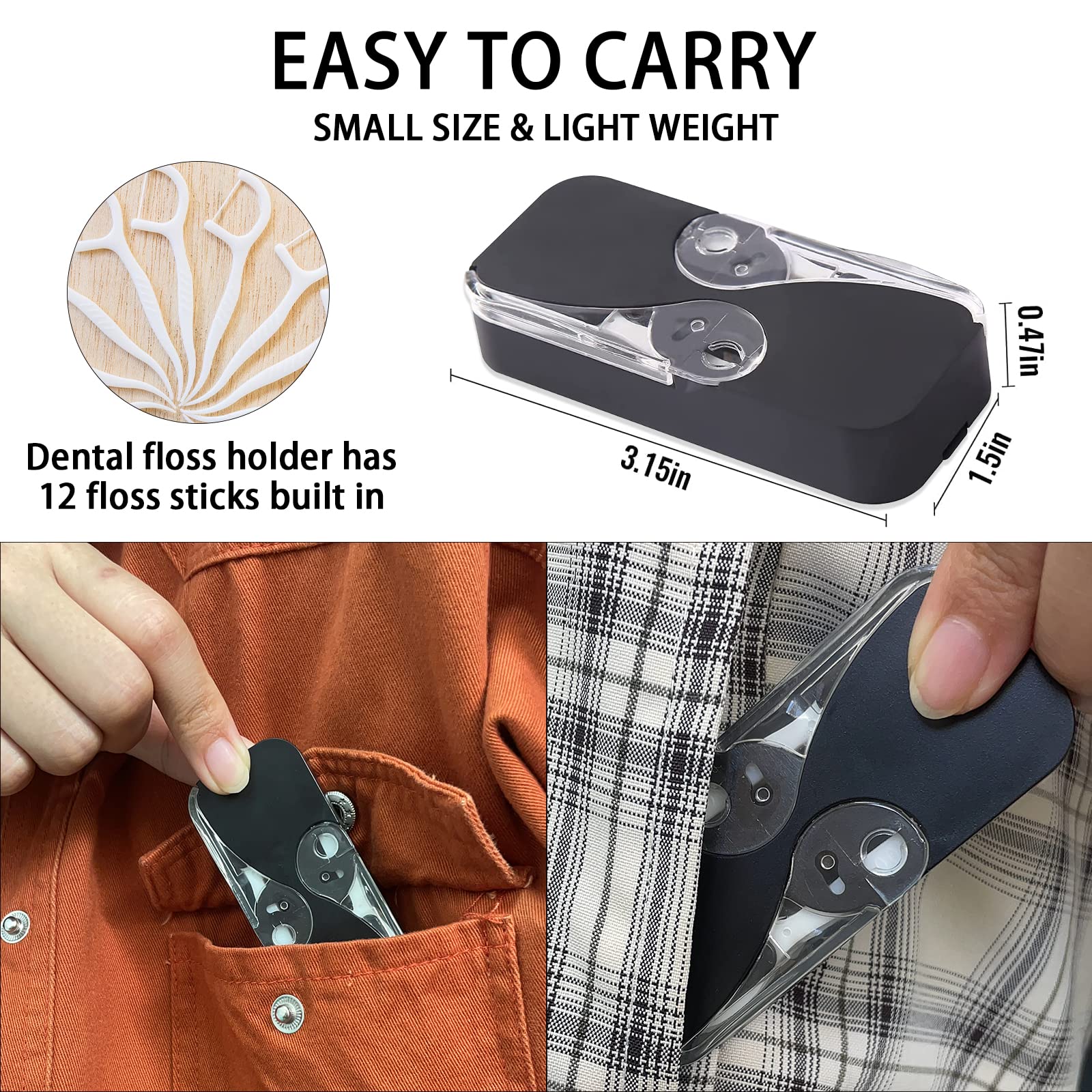 Dental Floss Portable Floss Dispenser Floss Box Dental Floss Picks Dispenser Floss Pick Holder Automatic Floss Organizer Travel Floss for Women Men Teeth Cleaning(Black+Black)