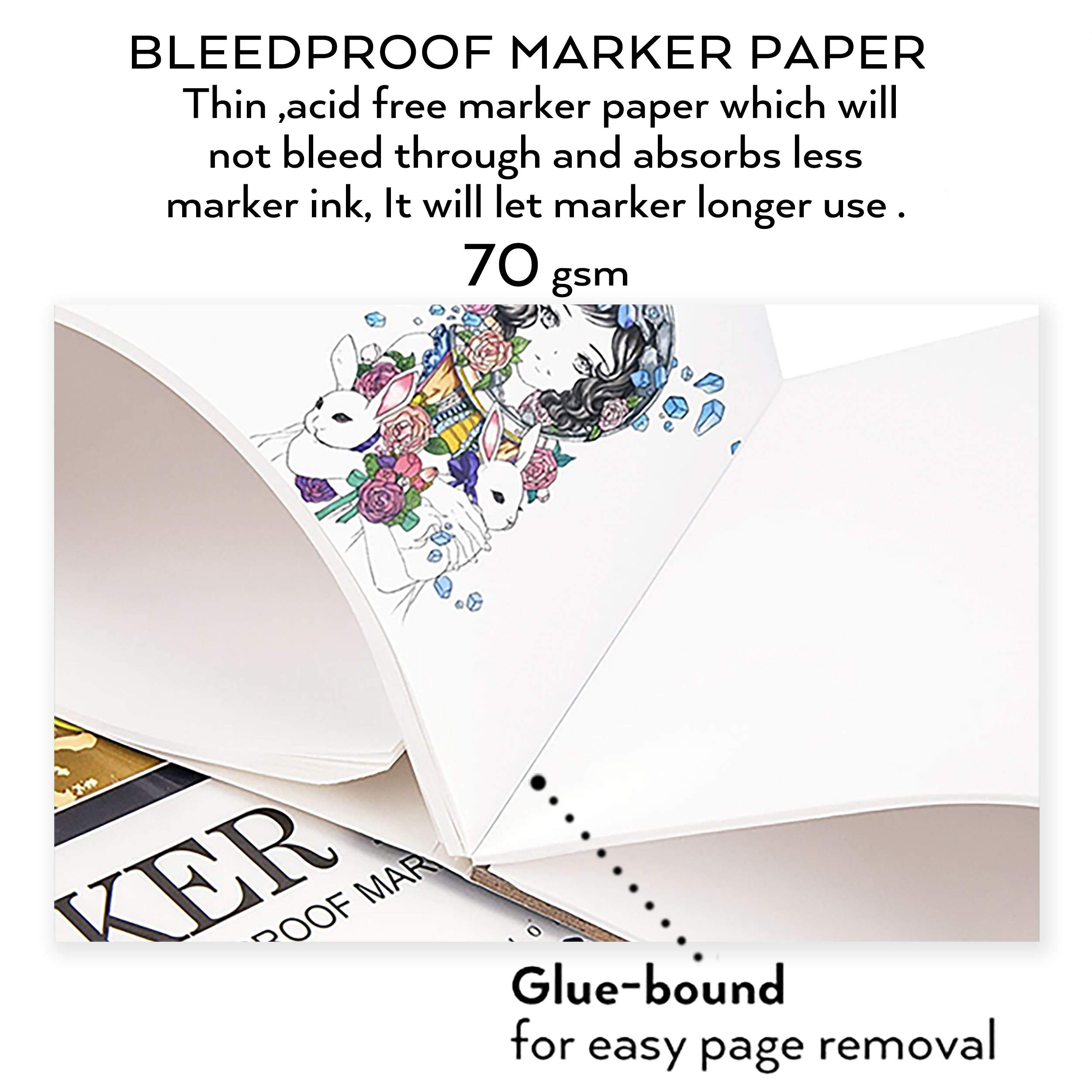 Bianyo Bleedproof Marker Paper Pad, A4(8.27"X11.69"), 50 Sheets, 18 LB / 70 GSM, Glue-Bound, 100% Cotton, White, Ideal for Use with Markers and Ink Mediums