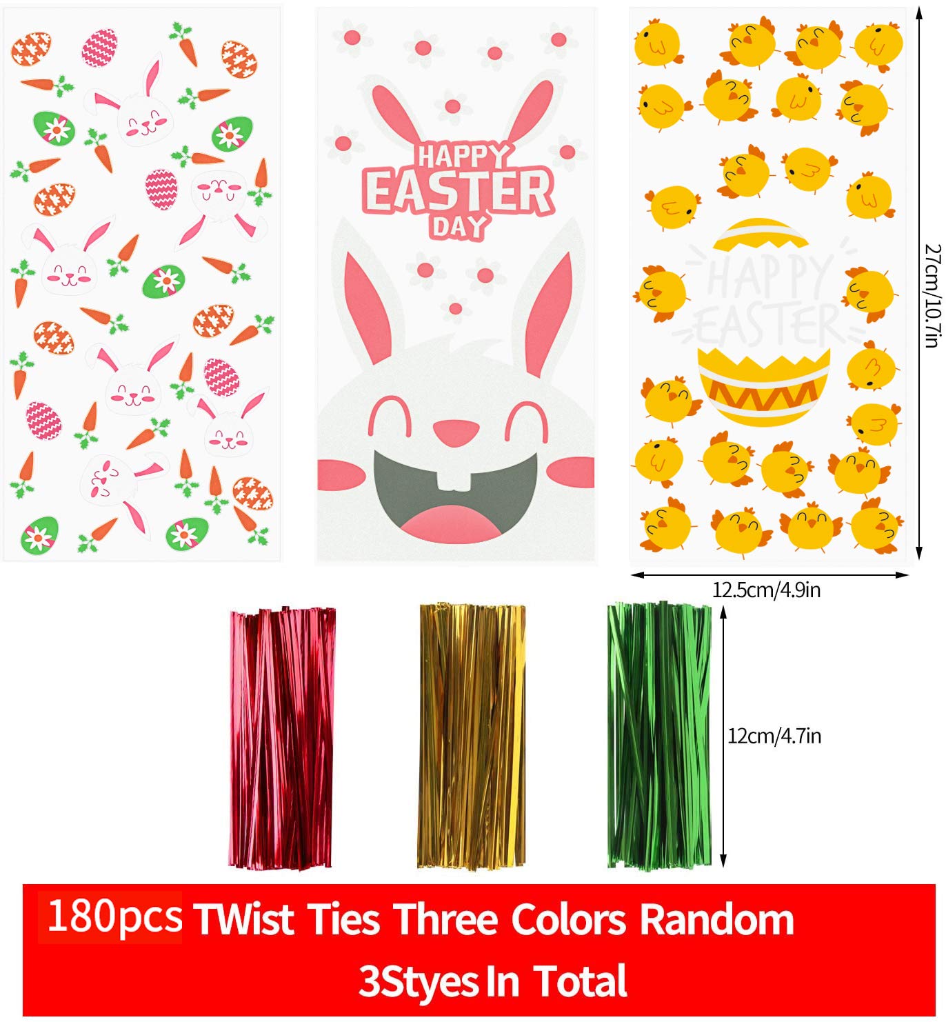 DERAYEE Easter Cellophane Treat Bags, 150Pcs Easter Candy Goody Gift bags with Bunny Eggs Chicks Twist Ties Easter Party Favors