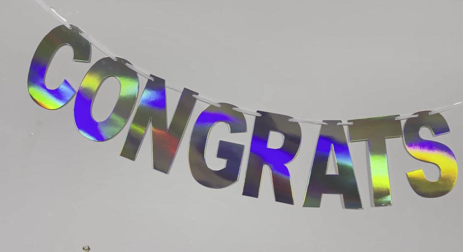 Holographic Congrats Grad Banner Decorations Sign, Iridescent Hanging Bunting String Flag Garland for Graduation Ceremony Party Decoration