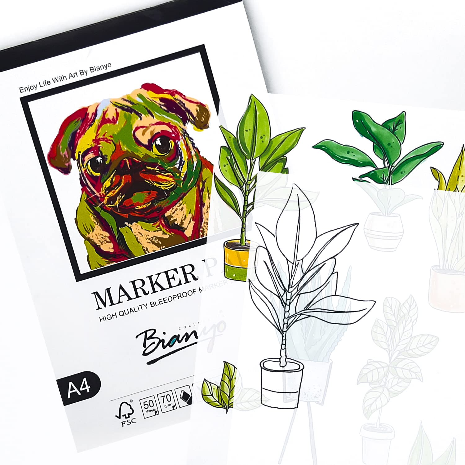 Bianyo Bleedproof Marker Paper Pad, A4(8.27"X11.69"), 50 Sheets, 18 LB / 70 GSM, Glue-Bound, 100% Cotton, White, Ideal for Use with Markers and Ink Mediums