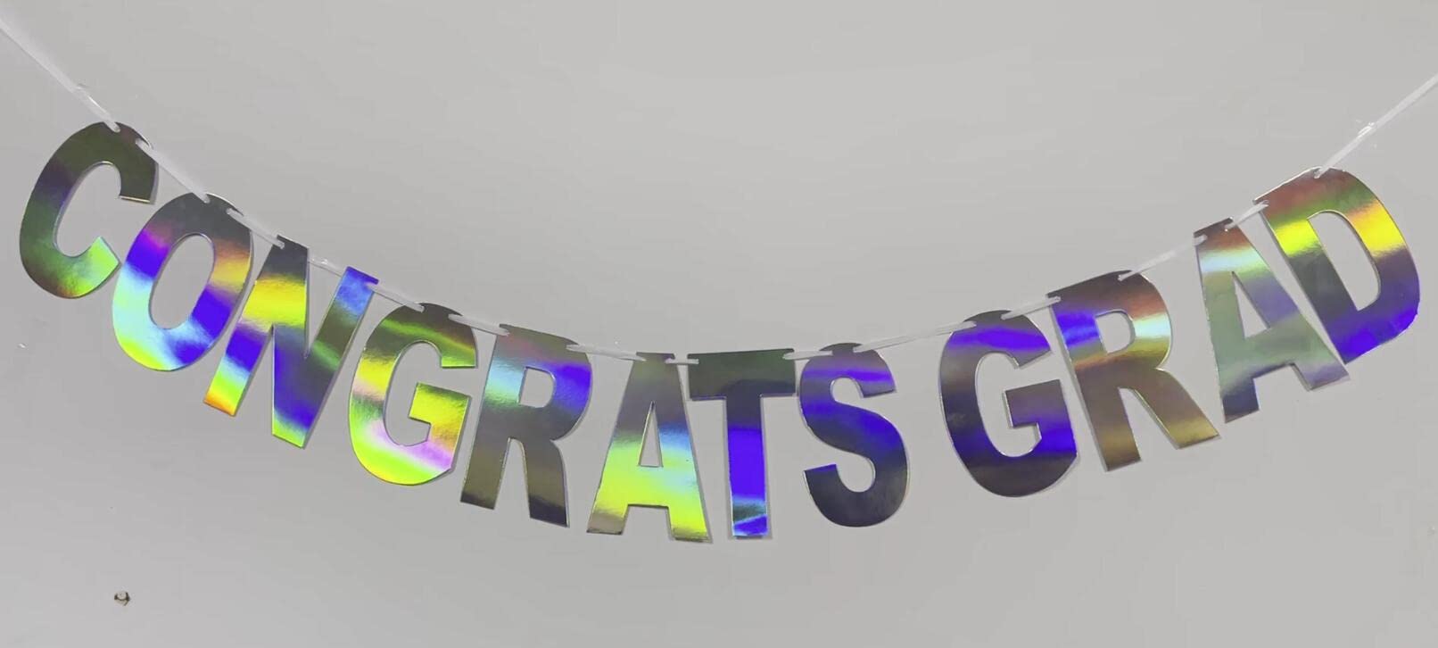 Holographic Congrats Grad Banner Decorations Sign, Iridescent Hanging Bunting String Flag Garland for Graduation Ceremony Party Decoration