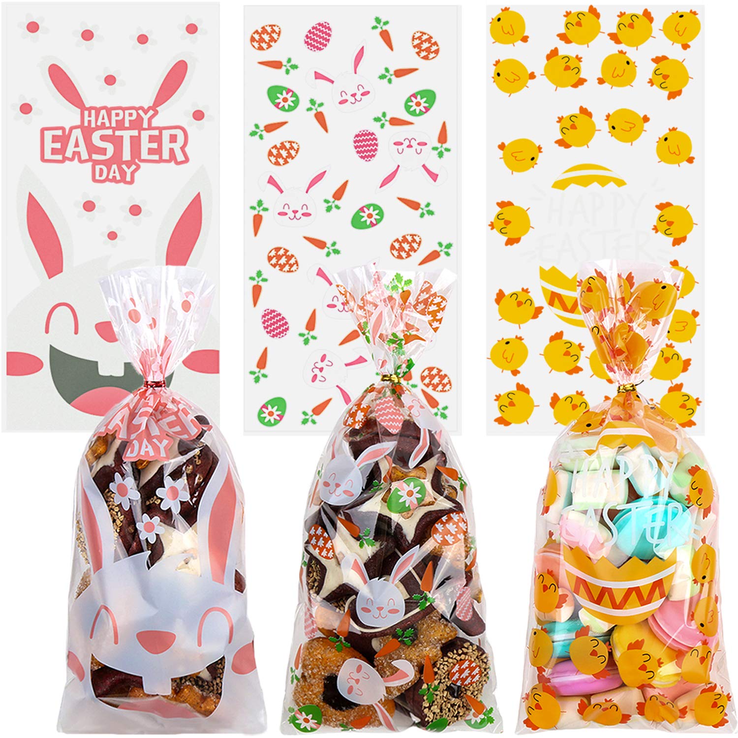 DERAYEE Easter Cellophane Treat Bags, 150Pcs Easter Candy Goody Gift bags with Bunny Eggs Chicks Twist Ties Easter Party Favors