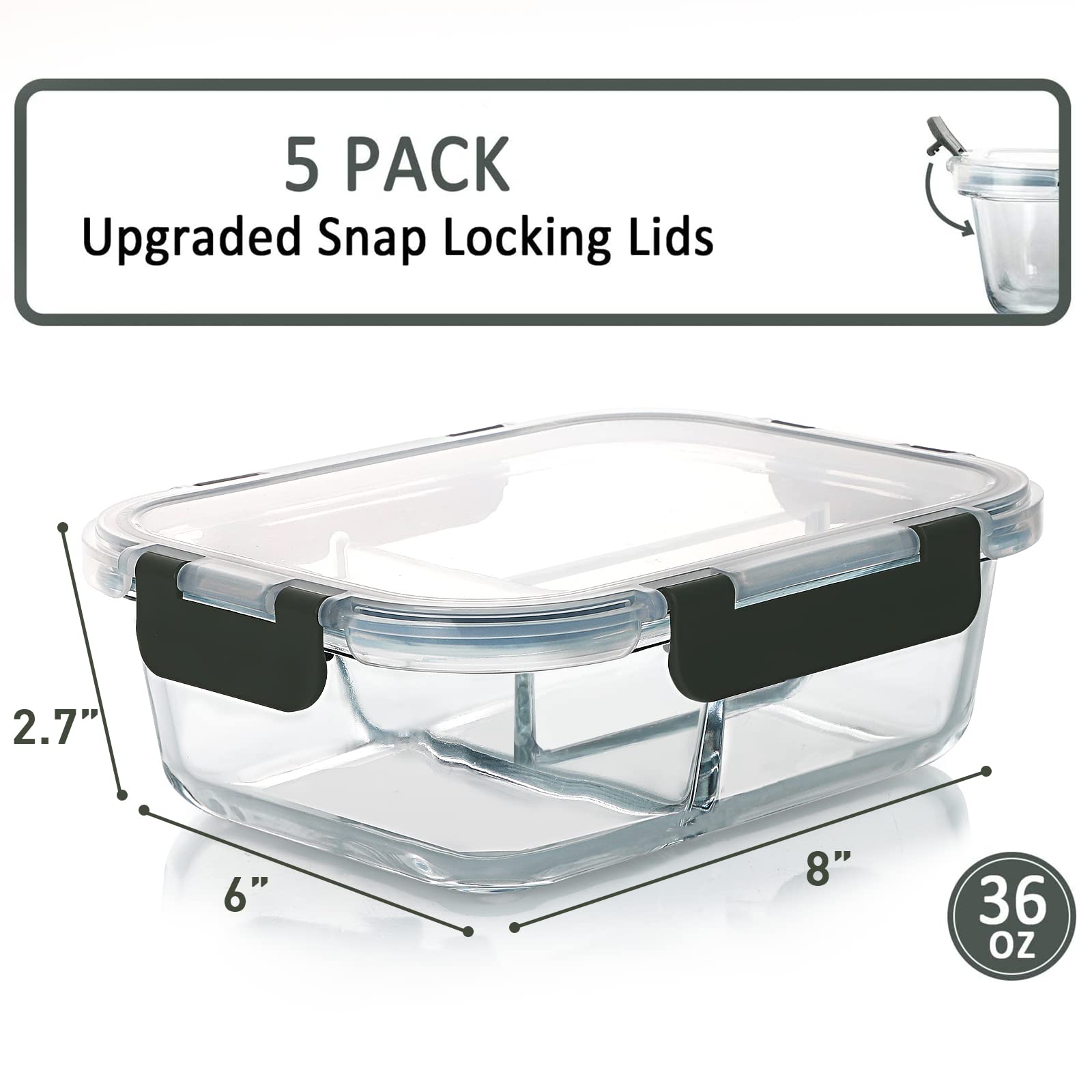 M MCIRCO [5-Pack, 36 oz] Glass Meal Prep Containers 3 Compartment with Lids, Glass Lunch Containers,Food Prep Lunch Box,Bento Box,BPA-Free, Microwave, Oven, Freezer, Dishwasher (4.5 Cups)