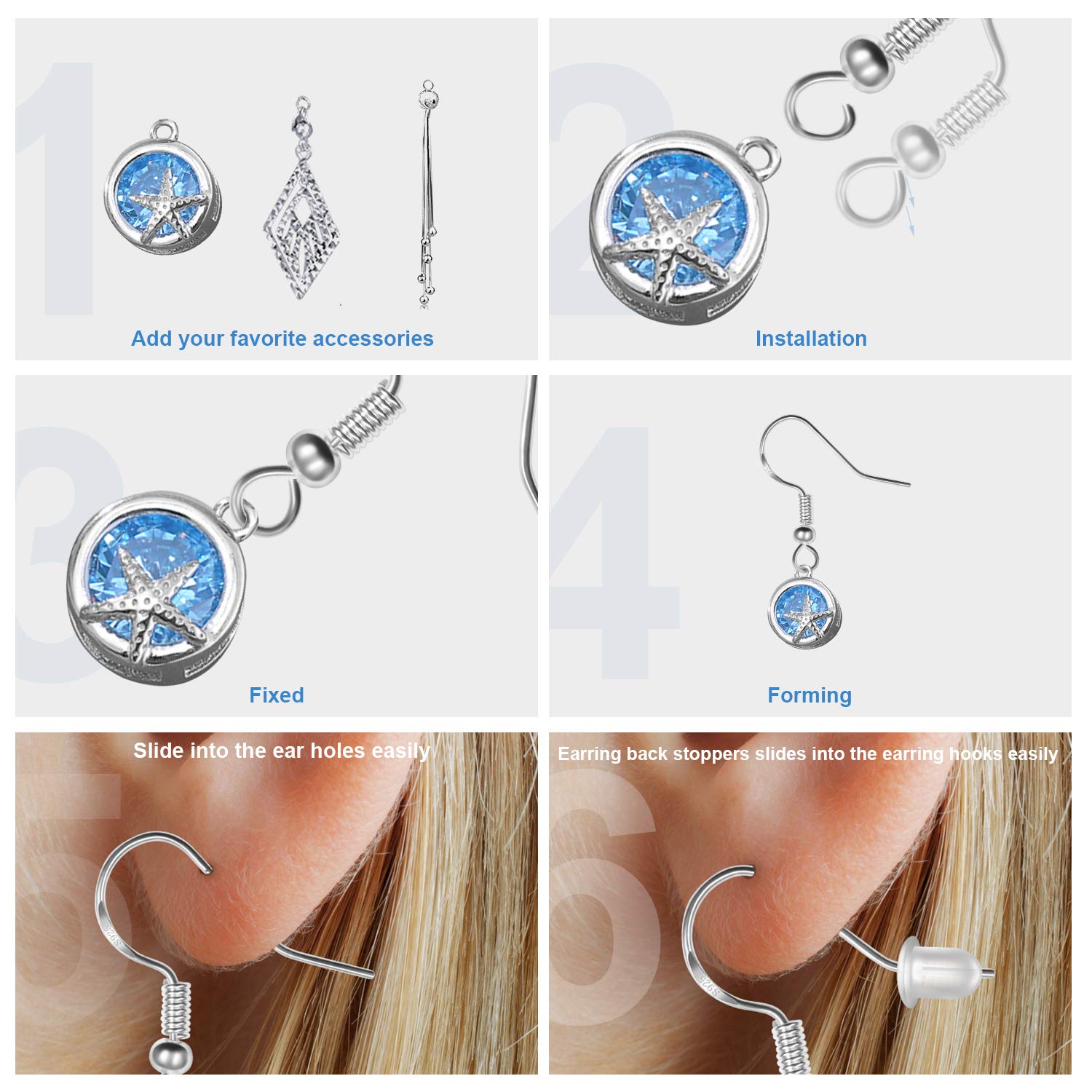 925 Sterling Silver Earring Hooks 120 PCS/60 Pairs, Ear Wires Fish Hooks, Hypo-allergenic Jewelry Findings Parts with 120 PCS Clear Silicone Earring Backs Stoppers for DIY Jewelry Making