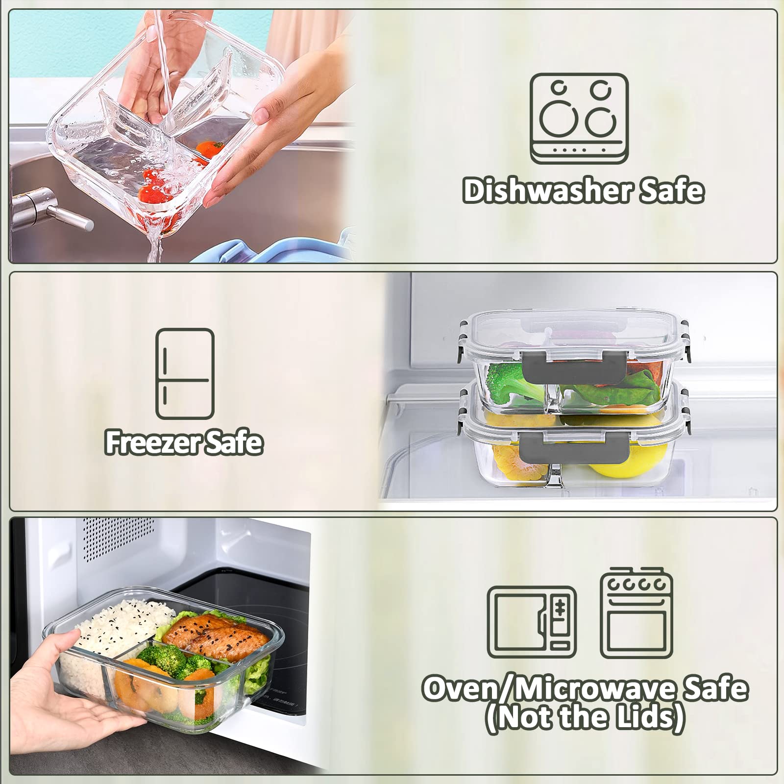 M MCIRCO [5-Pack, 36 oz] Glass Meal Prep Containers 3 Compartment with Lids, Glass Lunch Containers,Food Prep Lunch Box,Bento Box,BPA-Free, Microwave, Oven, Freezer, Dishwasher (4.5 Cups)