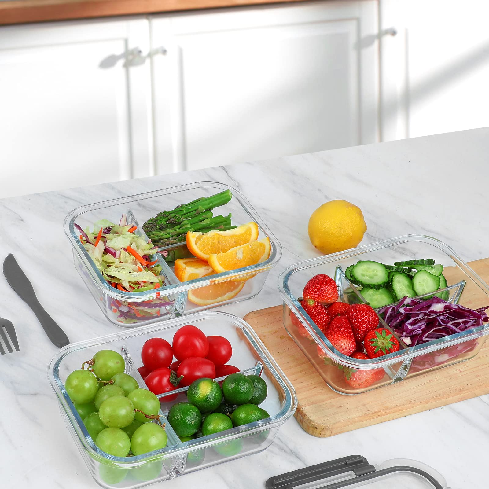 M MCIRCO [5-Pack, 36 oz] Glass Meal Prep Containers 3 Compartment with Lids, Glass Lunch Containers,Food Prep Lunch Box,Bento Box,BPA-Free, Microwave, Oven, Freezer, Dishwasher (4.5 Cups)