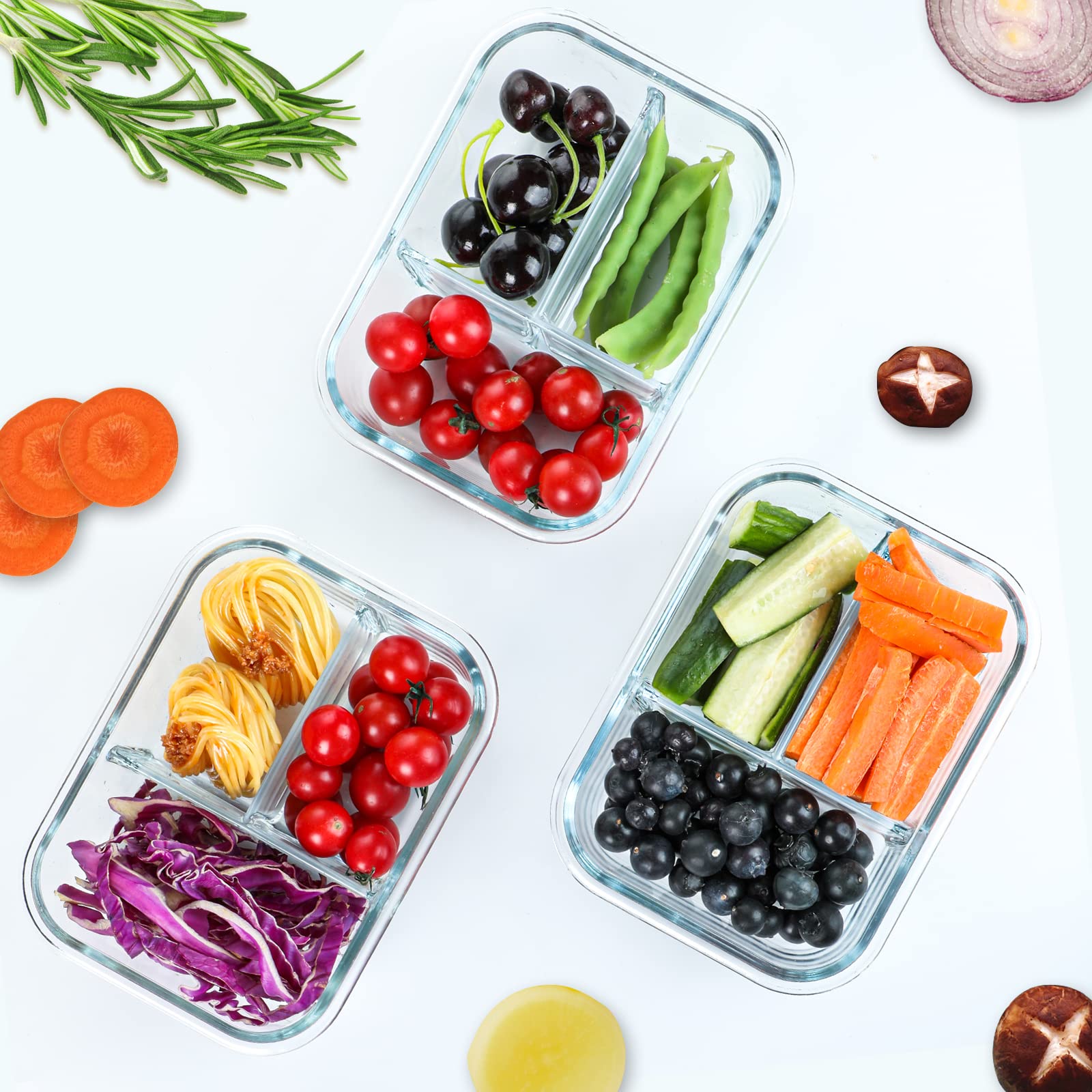 M MCIRCO [5-Pack, 36 oz] Glass Meal Prep Containers 3 Compartment with Lids, Glass Lunch Containers,Food Prep Lunch Box,Bento Box,BPA-Free, Microwave, Oven, Freezer, Dishwasher (4.5 Cups)
