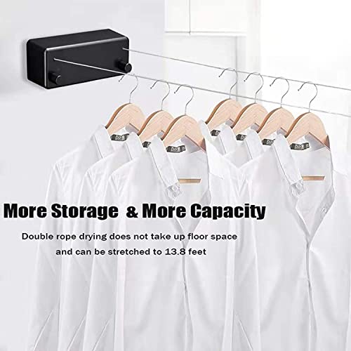 Retractable Clothesline Adjustable Drying Line for Cloth Laundry Outdoor/Indoor with Stainless Steel Double Rope Wall Mounted 13.8 Feets Clothsline (Black)