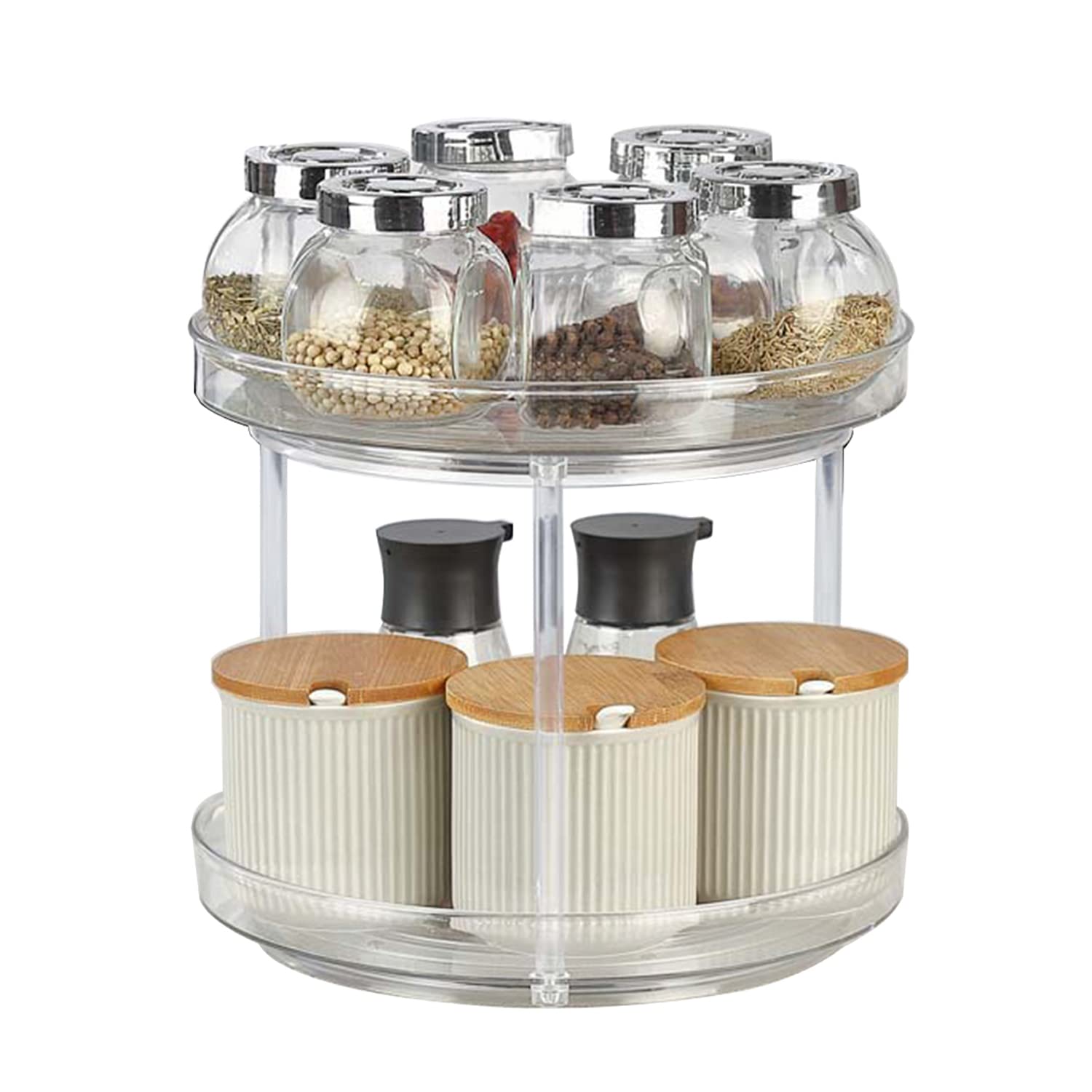 ACEBON 2 Tier Lazy Susan Turntable for Cabinet, 9" Clear Plastic Spinning Spice Rack Storage Cosmetic Makeup Organizers for Table, Pantry, Shelf, Vanity, Bathroom