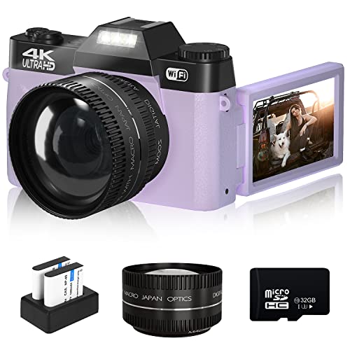 Vlogging Camera for YouTube, 4K 48MP Digital Cameras for Photography with WiFi, 16X Digital Zoom Manual Focus 52mm Wide-Angle Lens & Macro Lens, 32G Micro Card and 2 Batteries (Purple)