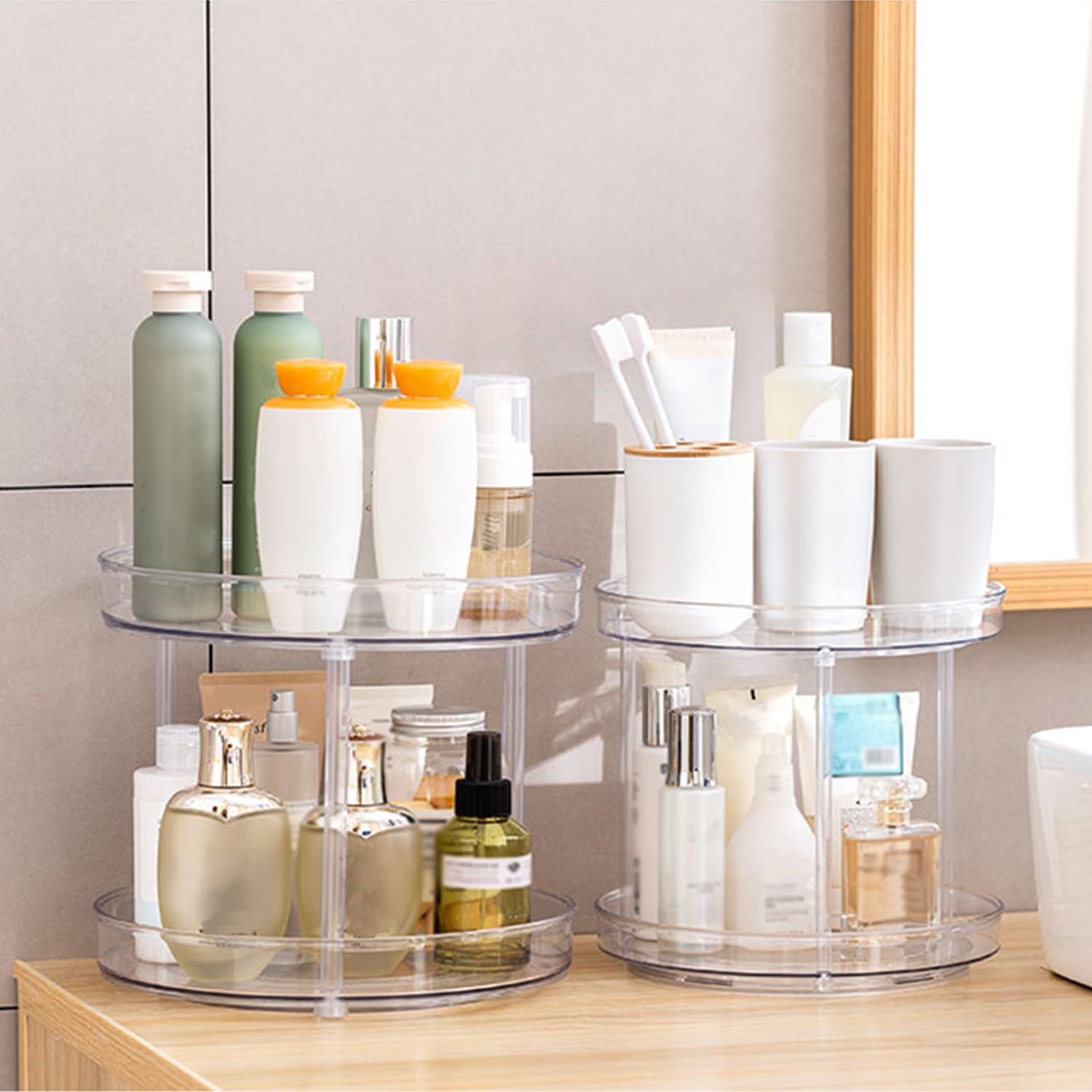 ACEBON 2 Tier Lazy Susan Turntable for Cabinet, 9" Clear Plastic Spinning Spice Rack Storage Cosmetic Makeup Organizers for Table, Pantry, Shelf, Vanity, Bathroom