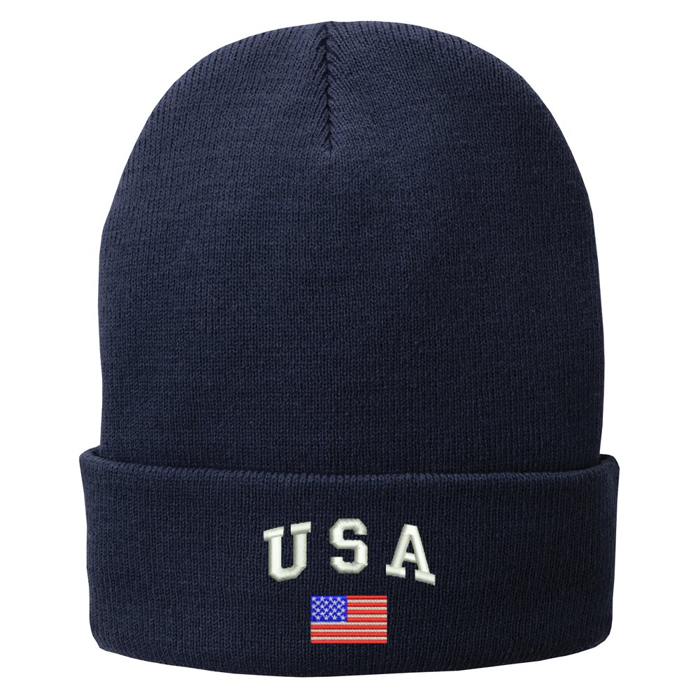 Trendy Apparel Shop American Flag and USA Embroidered Soft Stretchy Winter Long Beanie - Navy