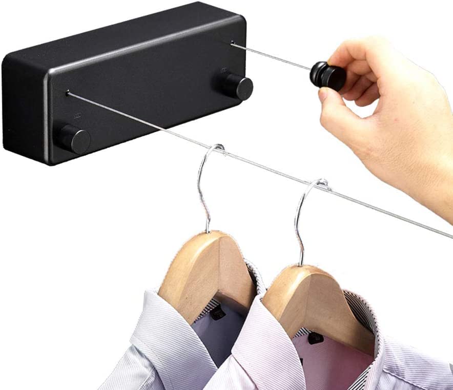 Retractable Clothesline Adjustable Drying Line for Cloth Laundry Outdoor/Indoor with Stainless Steel Double Rope Wall Mounted 13.8 Feets Clothsline (Black)