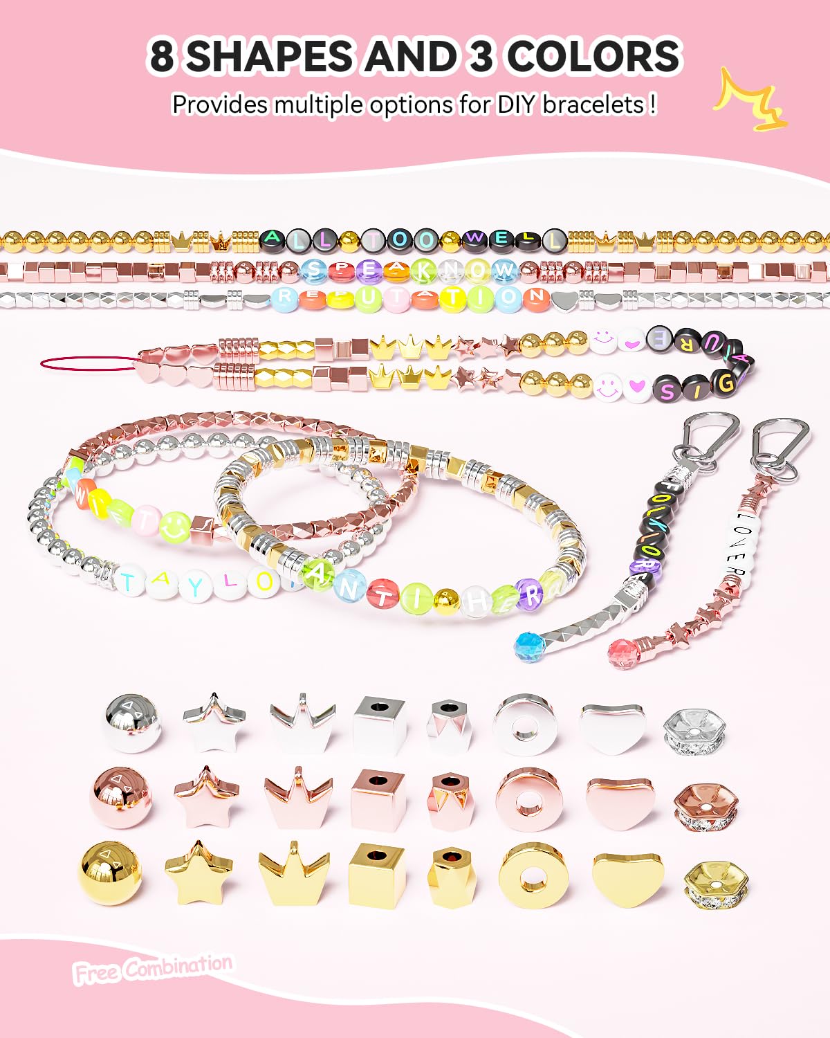 ARTDOT Gold Beads for Jewelry Bracelets Making, 1740 PCS 8 Styles Spacer Beads Kit (Gold, Sliver, Rose Gold)