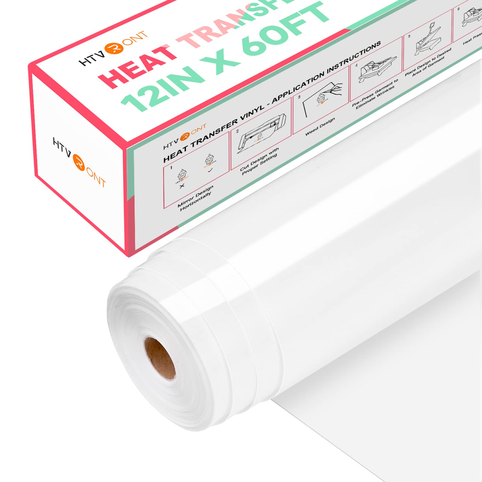 HTVRONT Heat Transfer Vinyl White Iron on Vinyl-12"x 60FT White HTV Vinyl Roll Easy to Cut & Weed for Heat Vinyl Design (White)