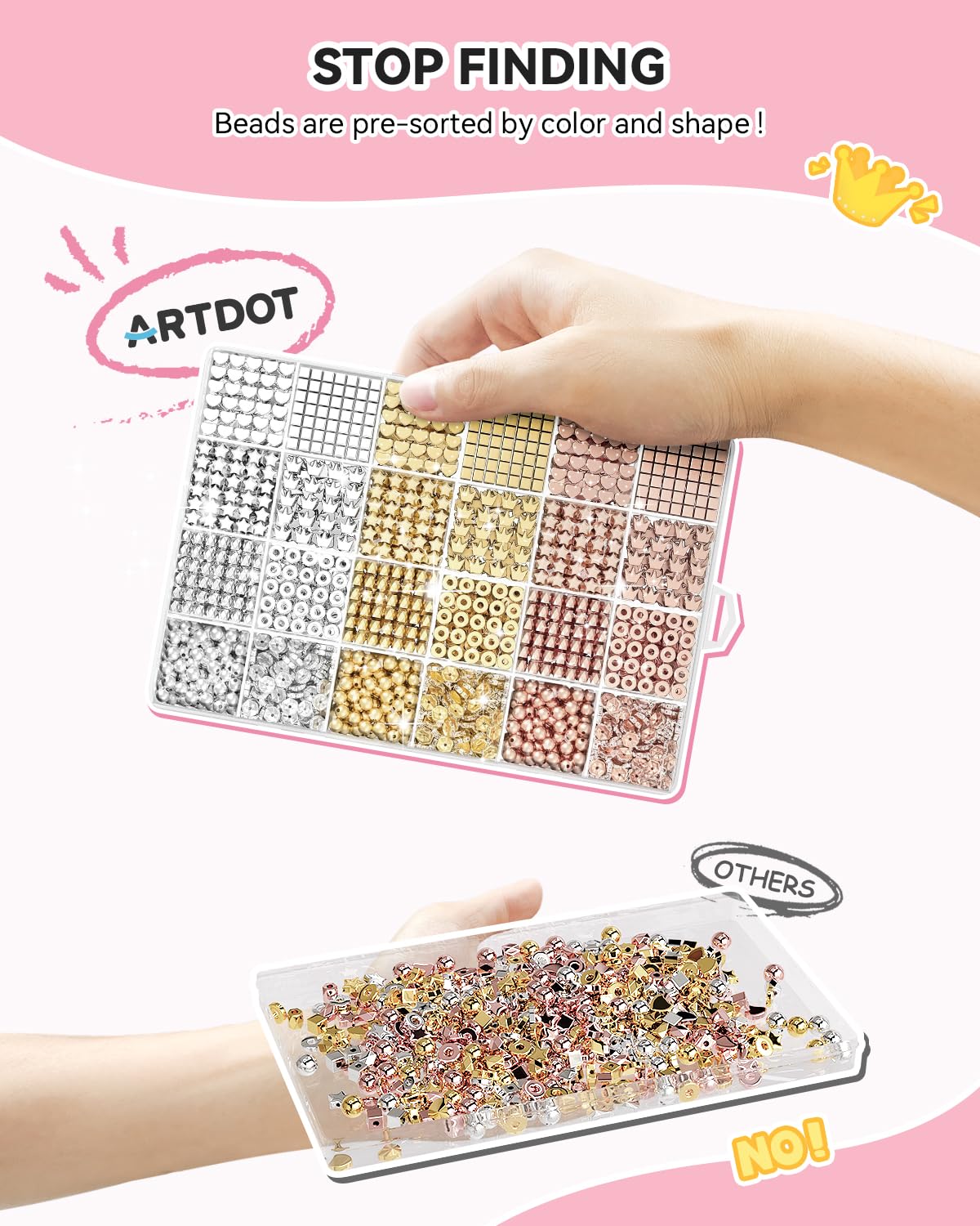 ARTDOT Gold Beads for Jewelry Bracelets Making, 1740 PCS 8 Styles Spacer Beads Kit (Gold, Sliver, Rose Gold)