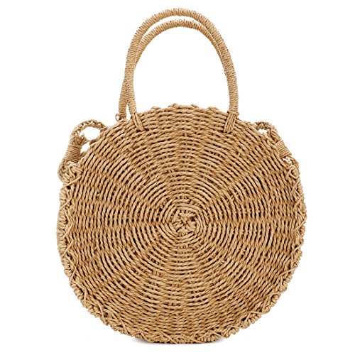 Handwoven Round Rattan Bag Shoulder Leather Straps Natural Chic Hand Round Straw Beach Bag (Coffee color)