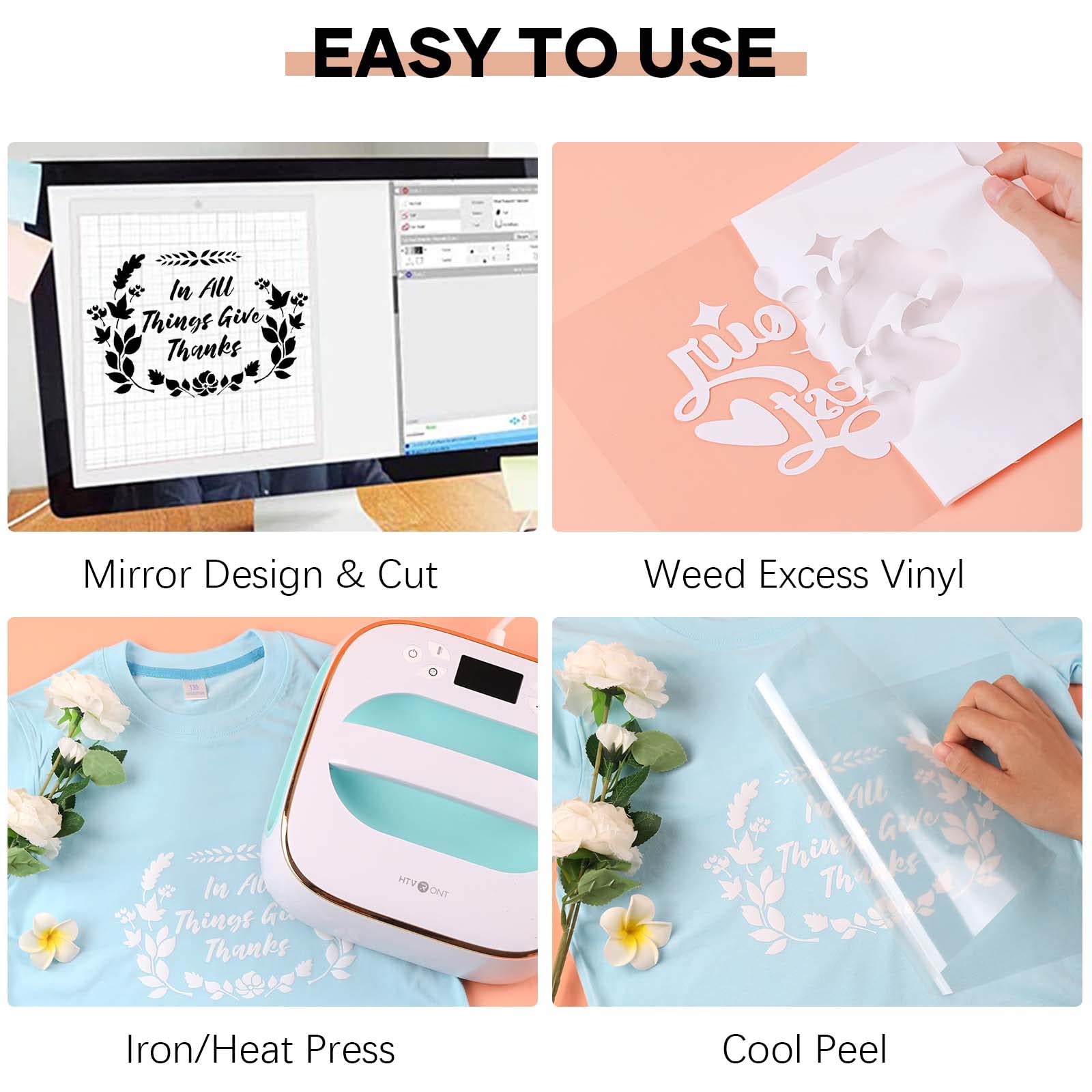 HTVRONT Heat Transfer Vinyl White Iron on Vinyl-12"x 60FT White HTV Vinyl Roll Easy to Cut & Weed for Heat Vinyl Design (White)